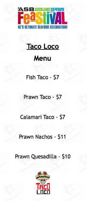 Menu at Taco Loco, Auckland, Stall 15