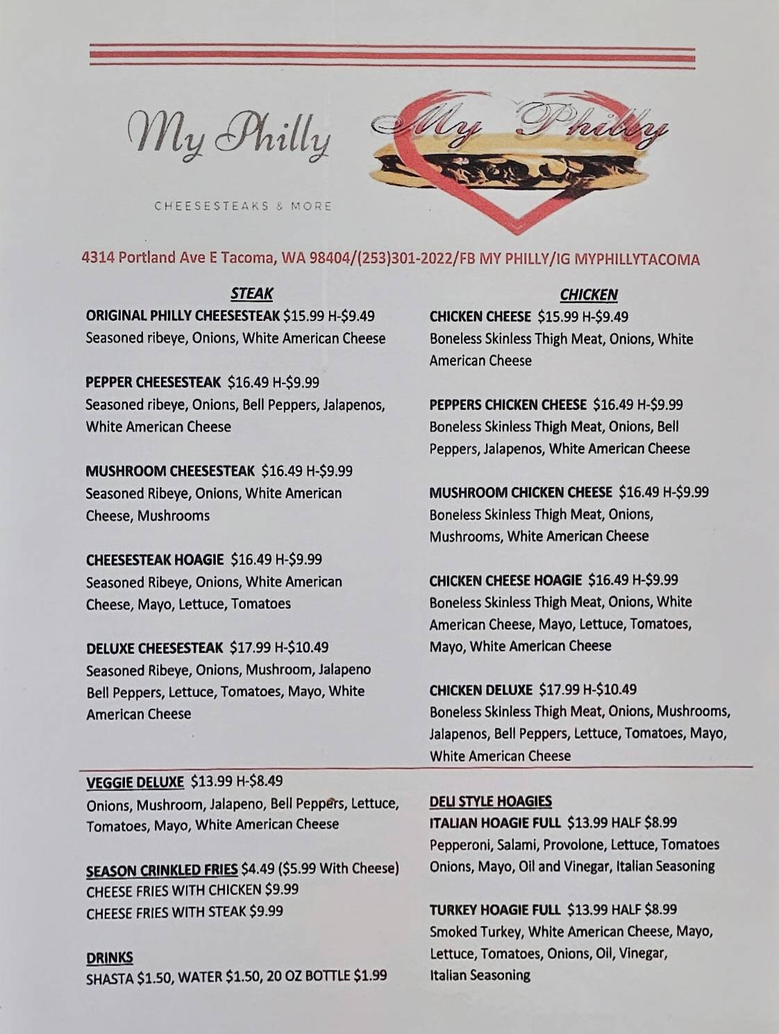 Menu at My Philly restaurant, Tacoma