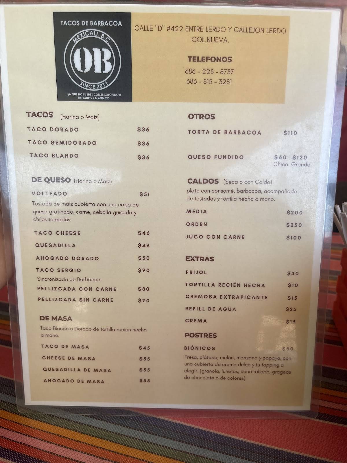 Carta de Tacos De Barbacoa OB, Mexicali