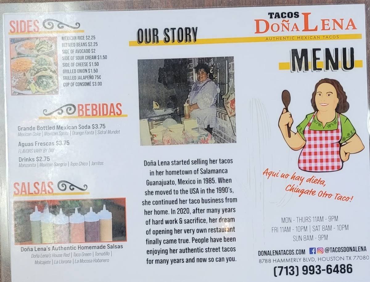 Menu at Tacos Doña Lena restaurant, Houston