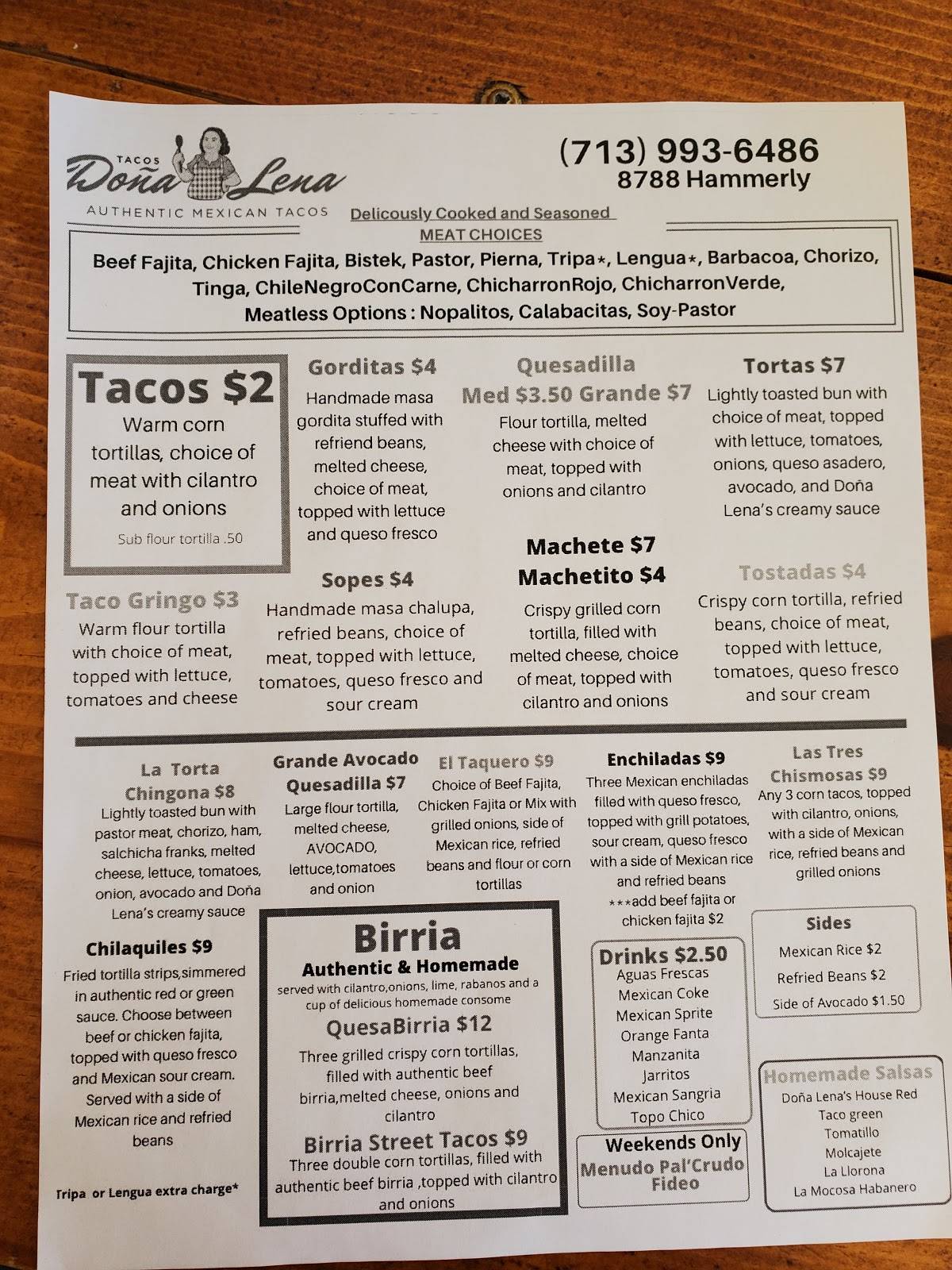 Menu at Tacos Doña Lena restaurant, Houston