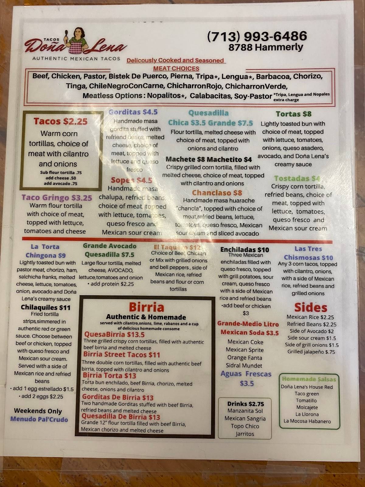 Menu at Tacos Doña Lena restaurant, Houston