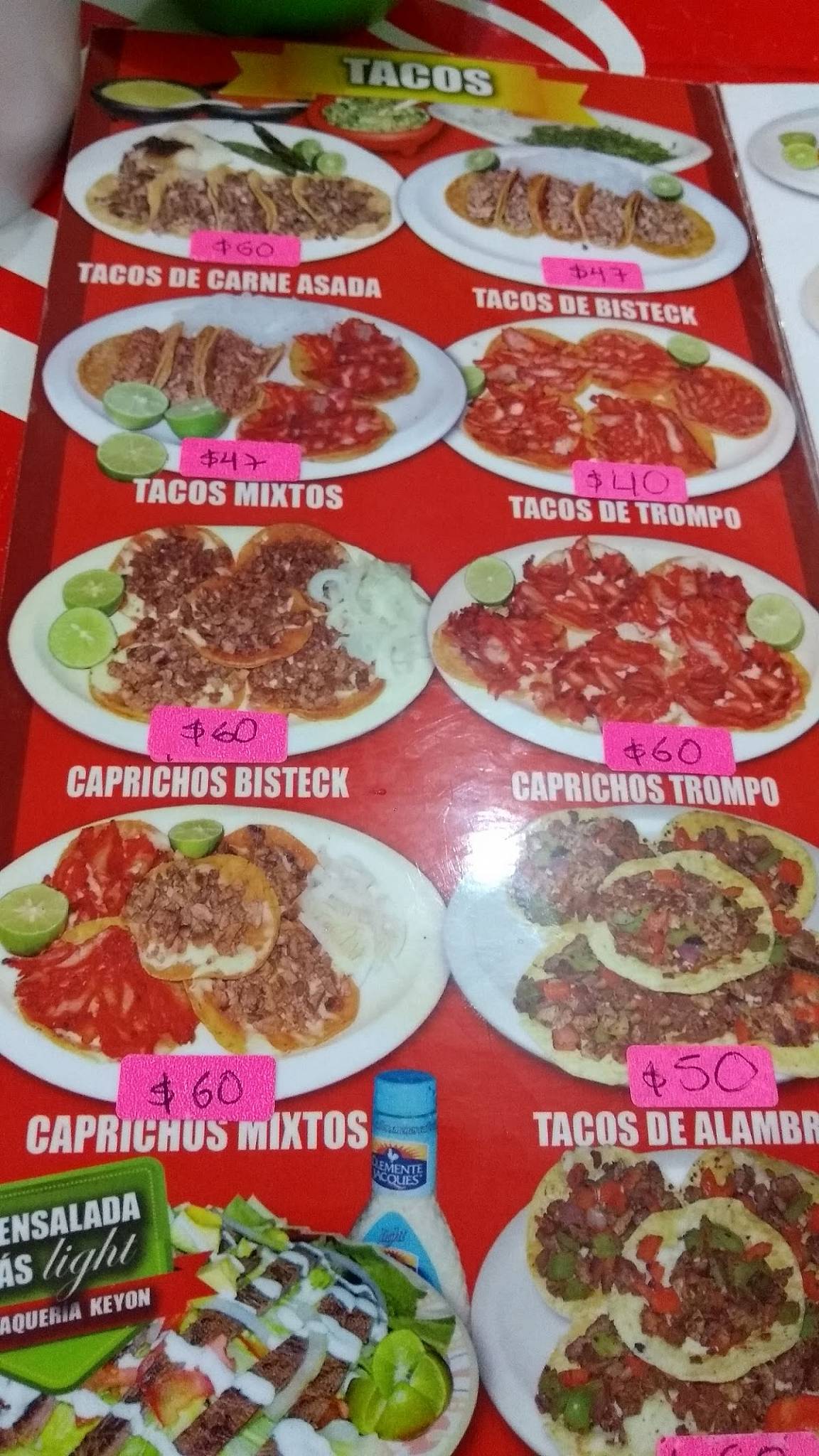 Menu at Tacos Keyon restaurant, Ciudad Apodaca