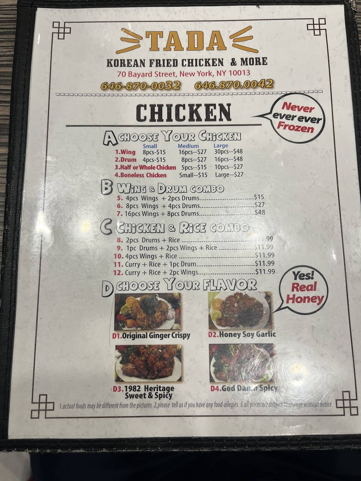 Menu at Tada restaurant, New York City