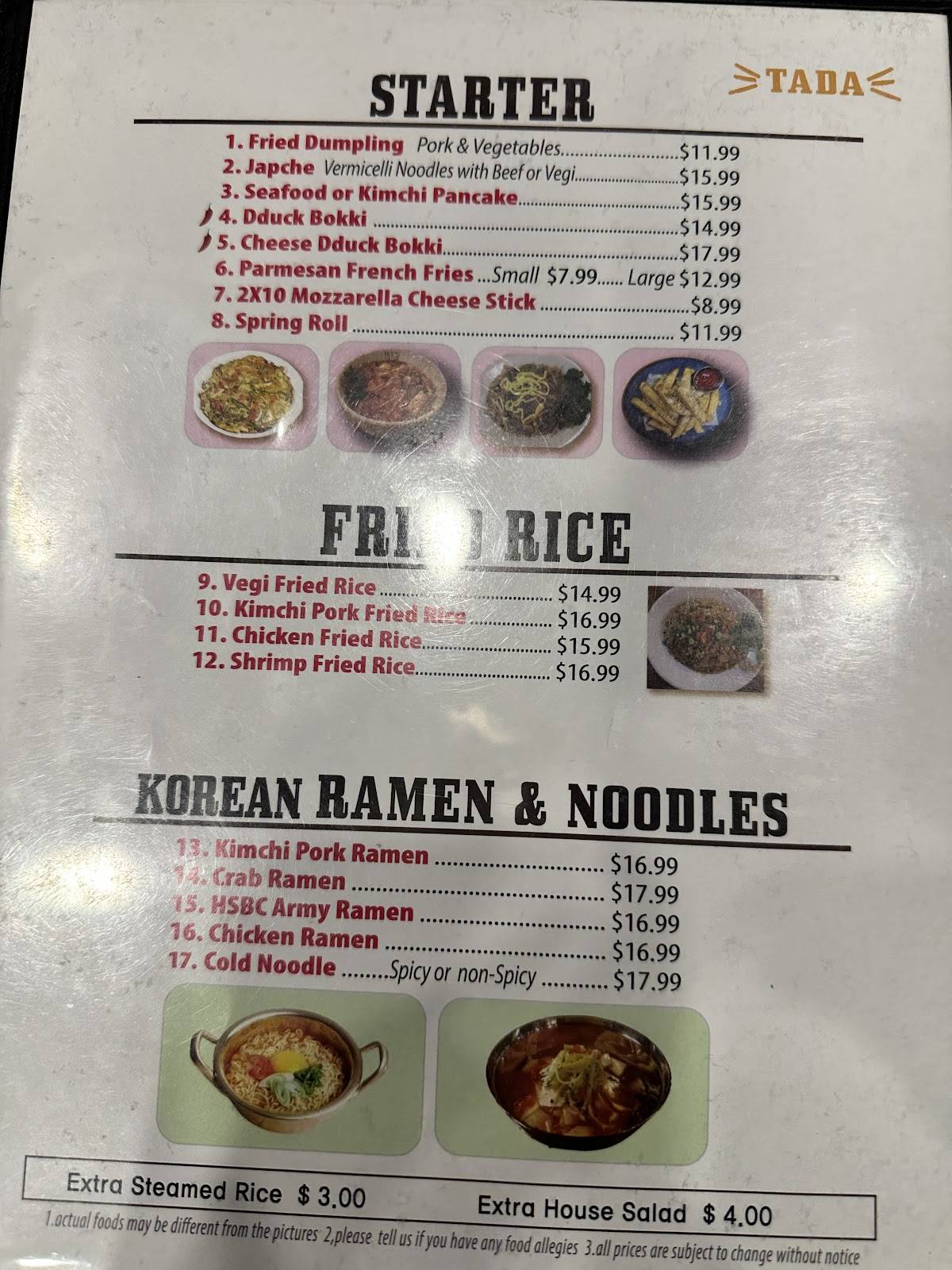 Menu at Tada restaurant, New York City