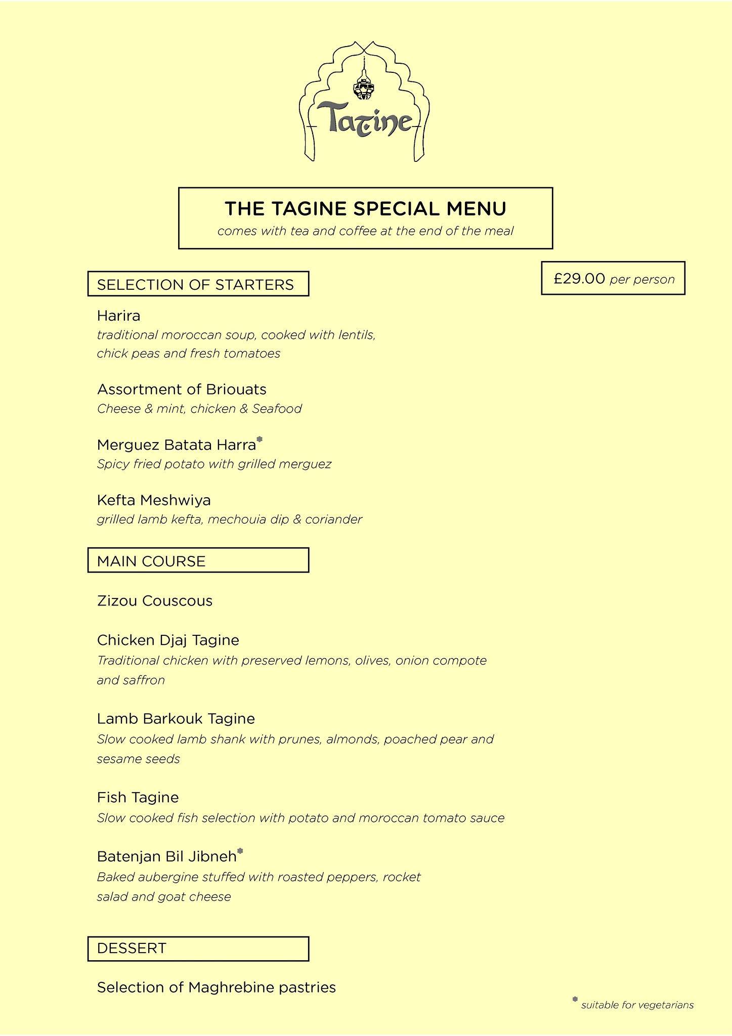 Menu at Tagine Restaurant, London, 1-3 Fernlea Rd
