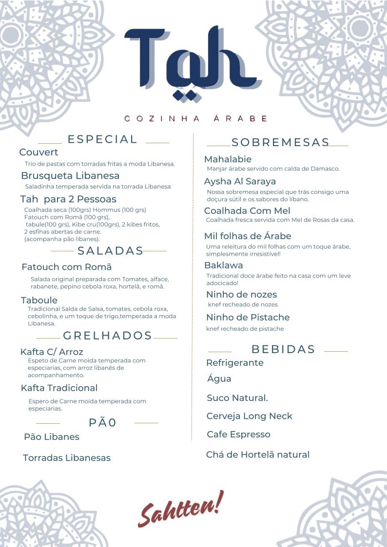 Menu em Tah Cozinha Árabe restaurante, Suzano