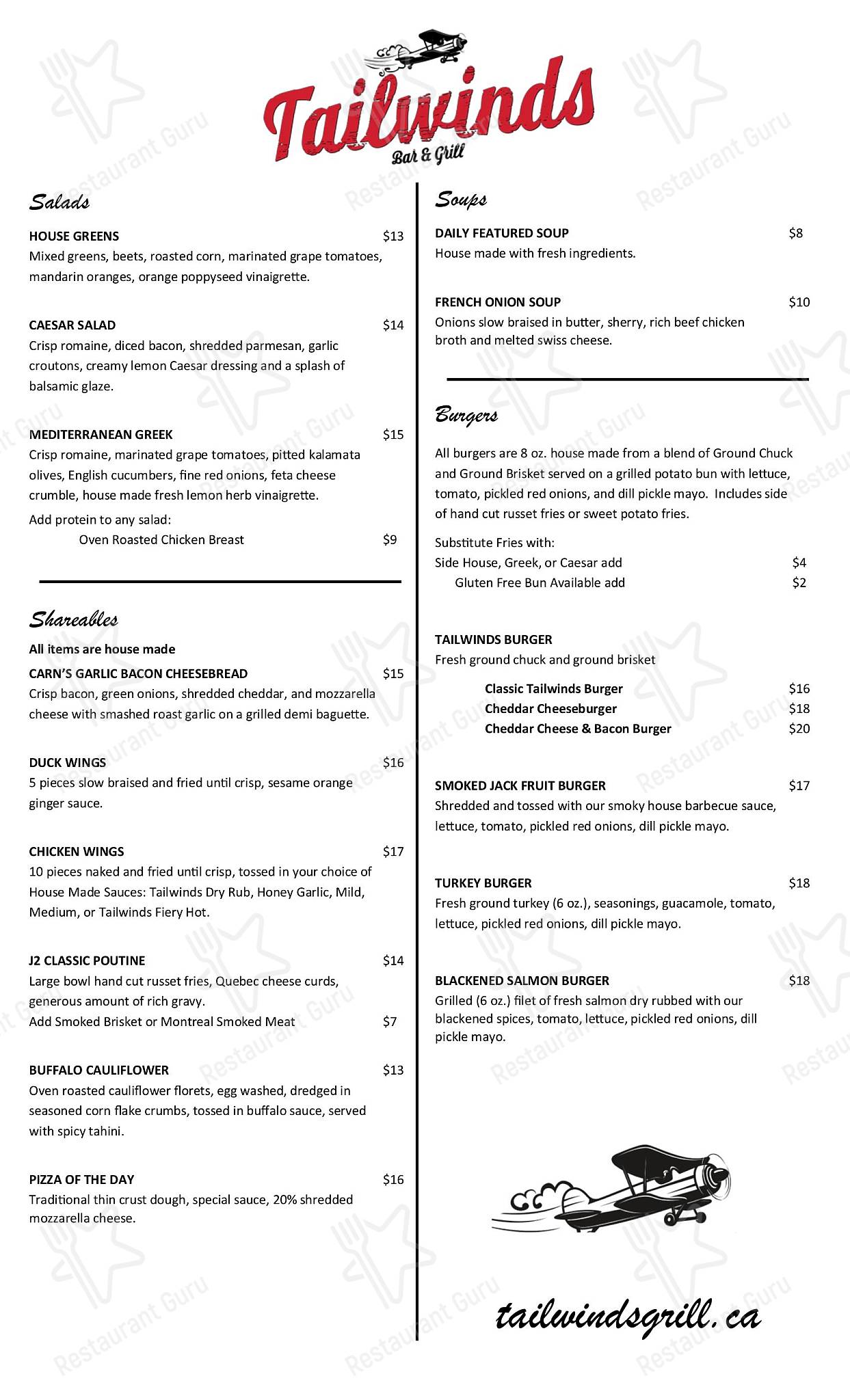 Menu at Tailwinds Bar & Grill, Canada