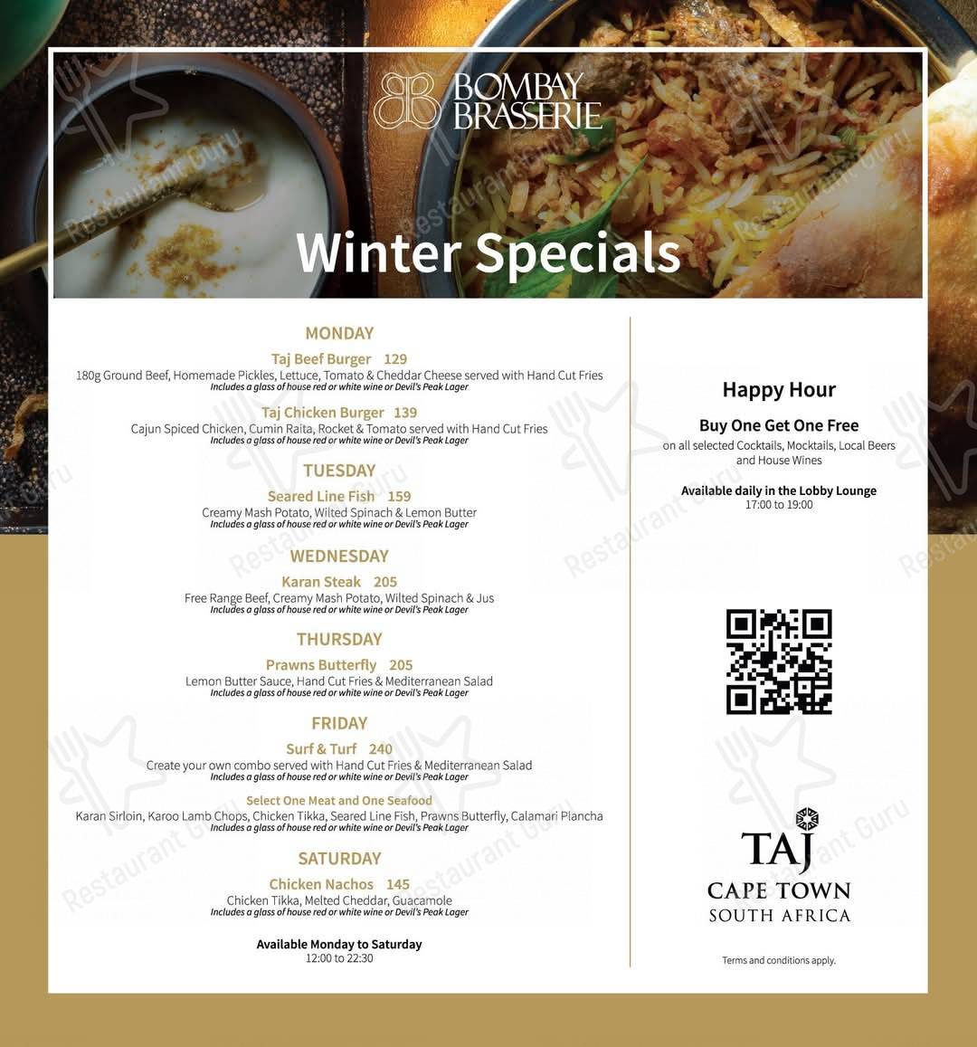Menu at Taj Cape Town, South Africa restaurant, Cape Town