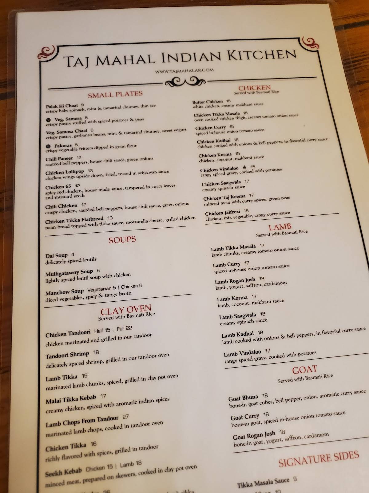 Menu at Taj Mahal Indian Kitchen Little Rock restaurant, Little Rock