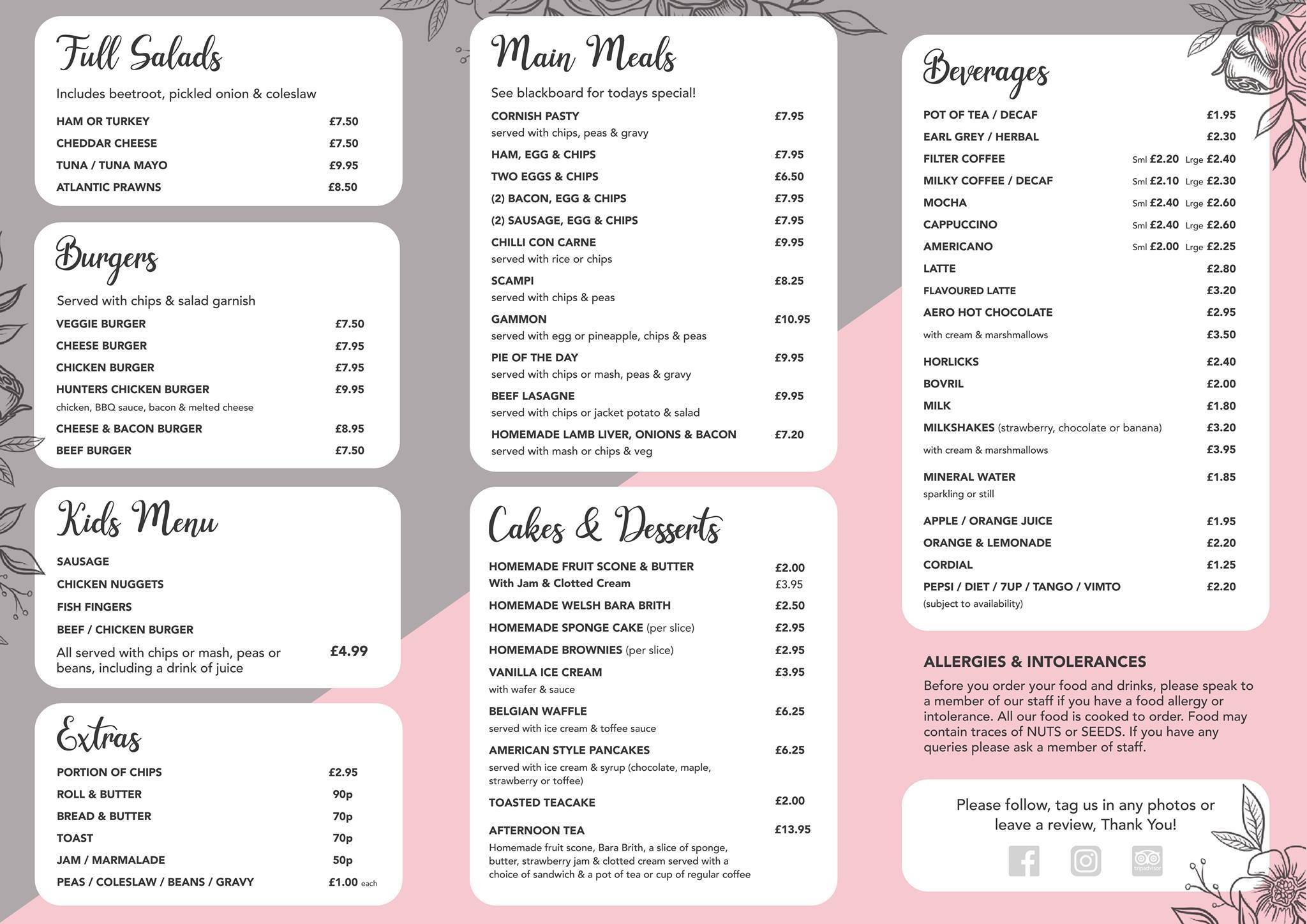 Menu at Take A Break Cafe, Llandudno