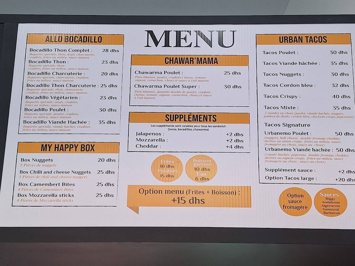 Menu au Take-eat restaurant, Casablanca