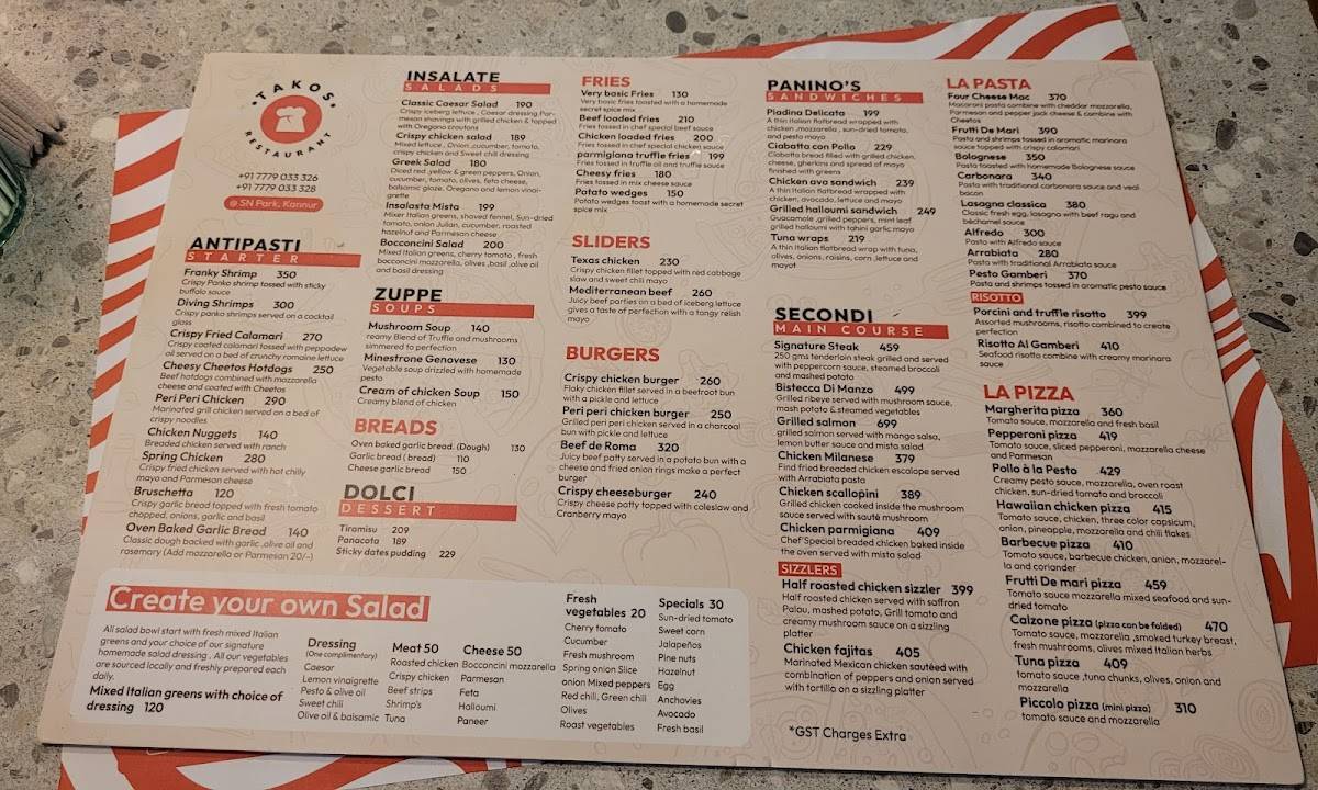 Menu at Takos Restaurant, Kannur