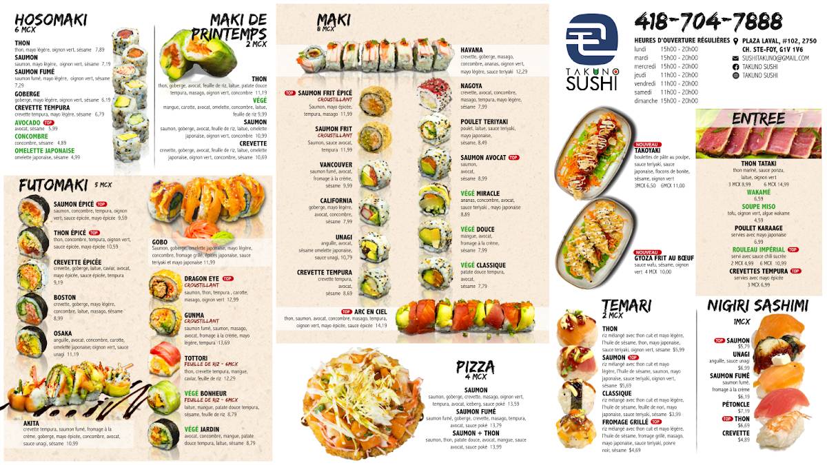 Menu au Takuno sushi restaurant, Québec