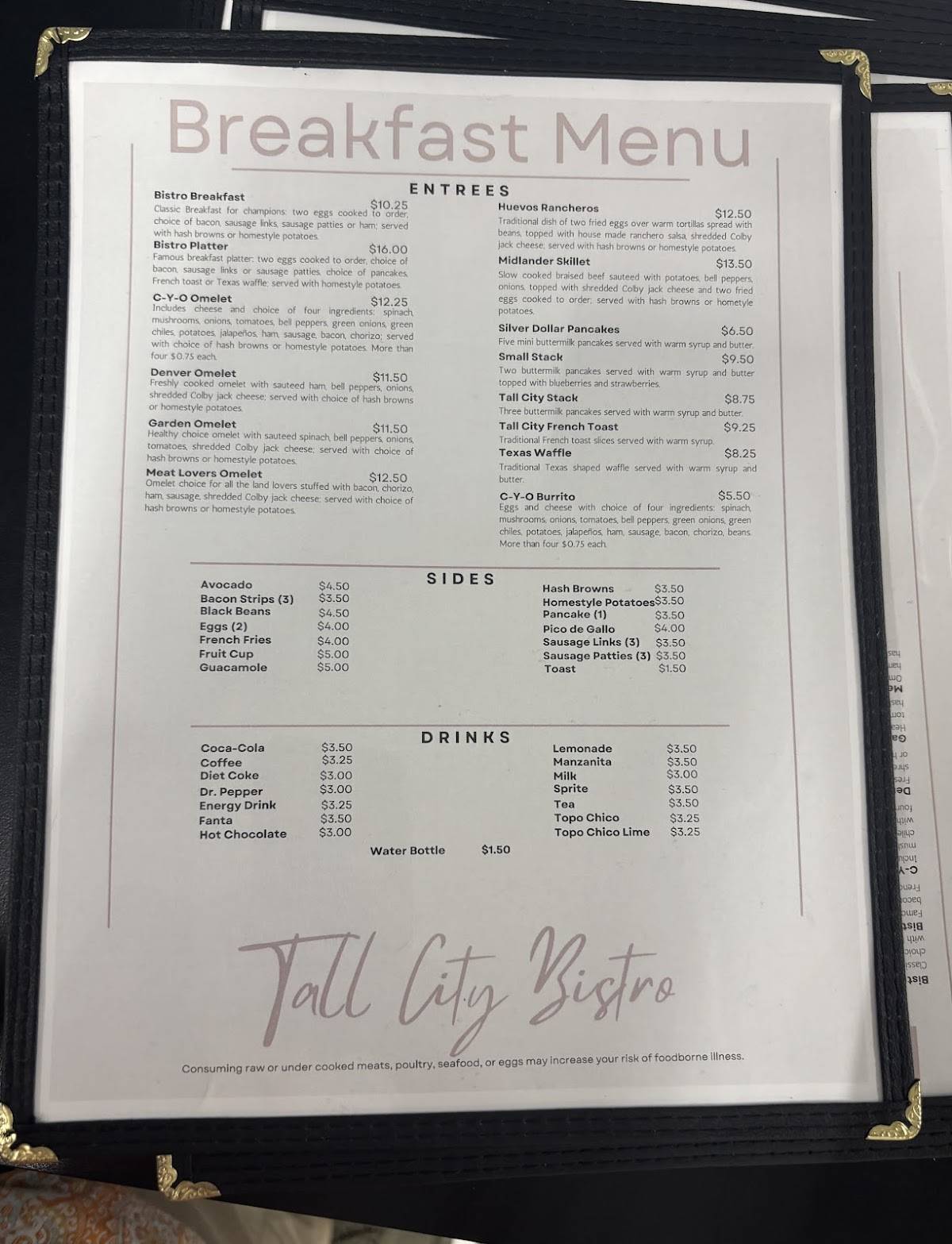Menu at Tall City Bistro restaurant, Midland
