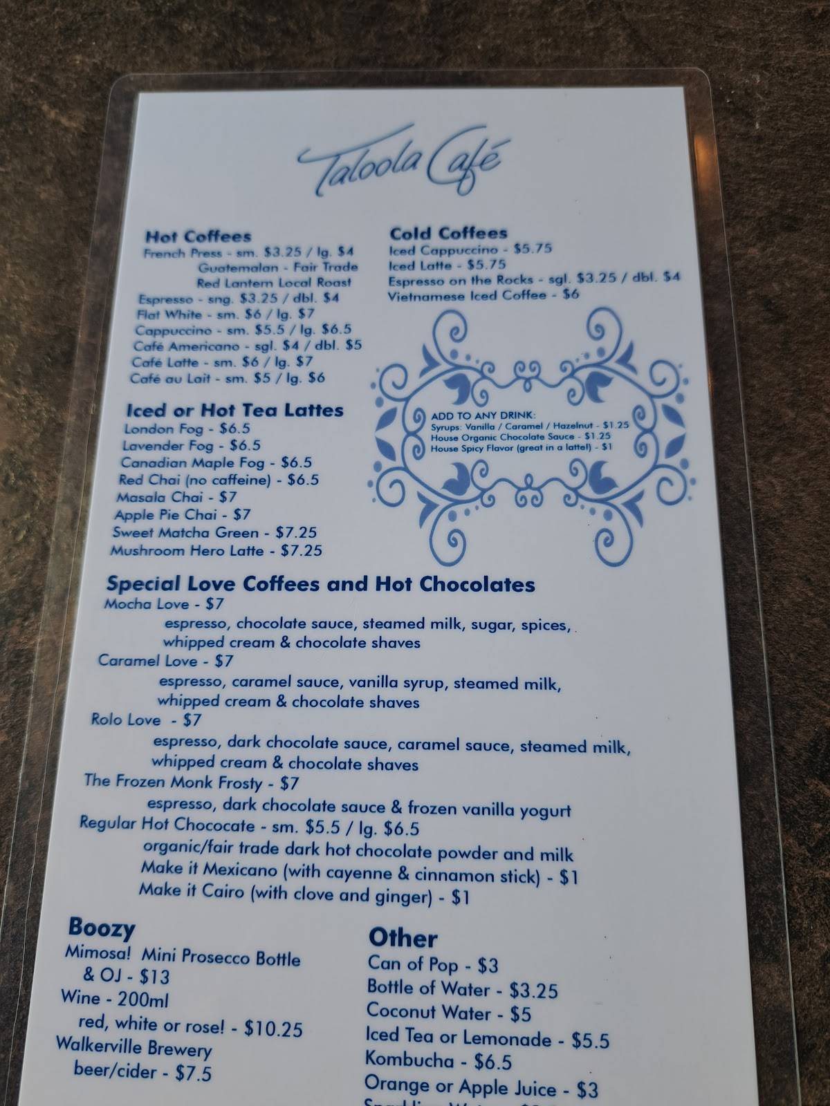 Menu at Taloola Café, Windsor