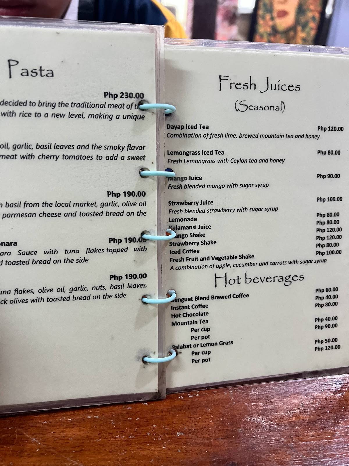 Menu at Tam-awan Cafe and Restaurant, Baguio