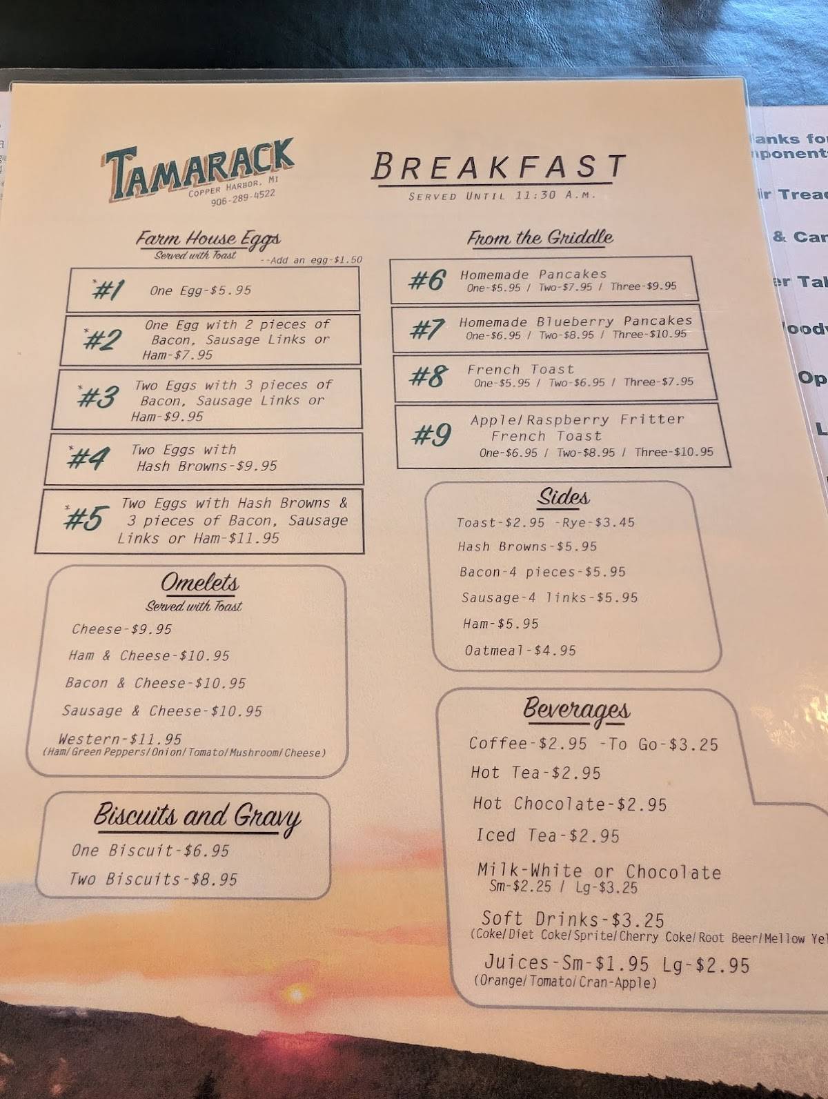 Menu at Tamarack Inn Restaurant, Copper Harbor