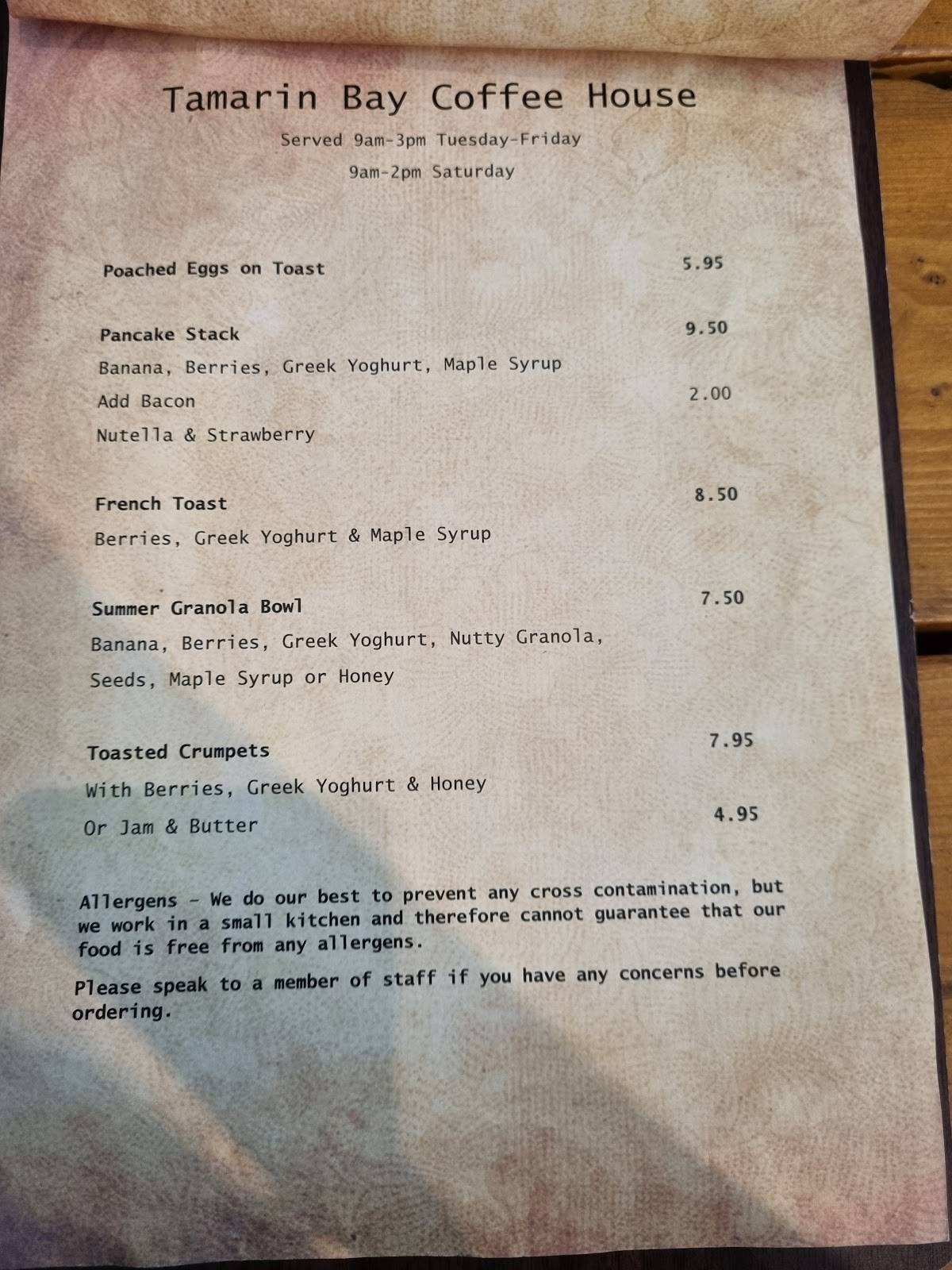 Menu at Tamarin Bay Coffee House, Ely