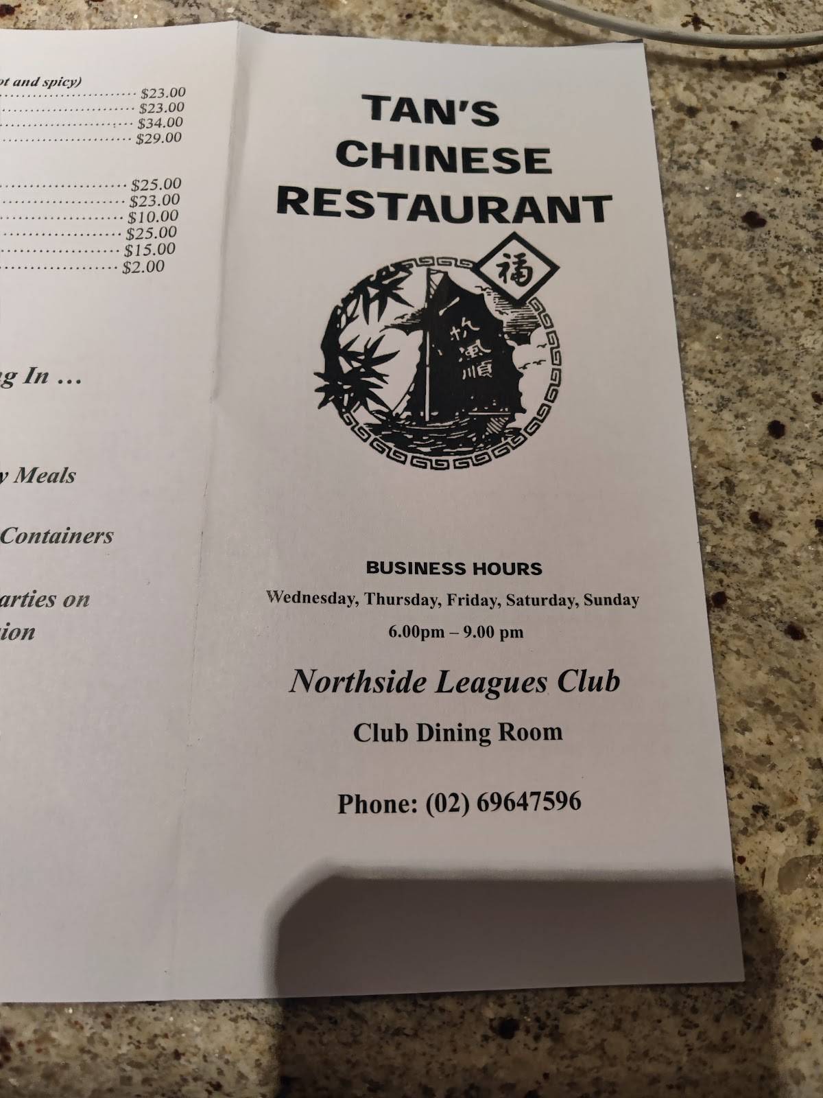 Menu at Tan’s Chinese Restaurant, Griffith