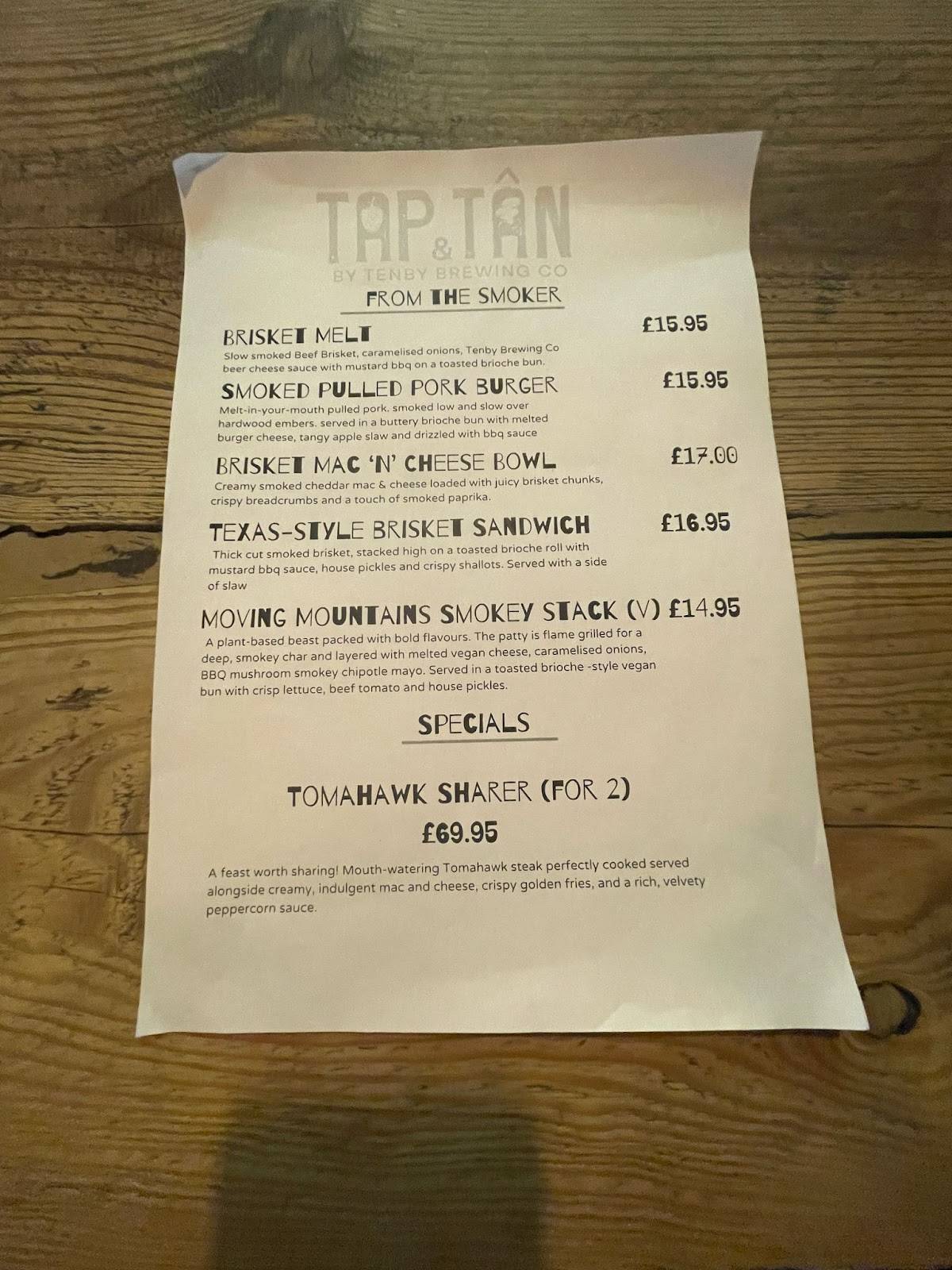 Menu at Tap & Tân restaurant, Tenby