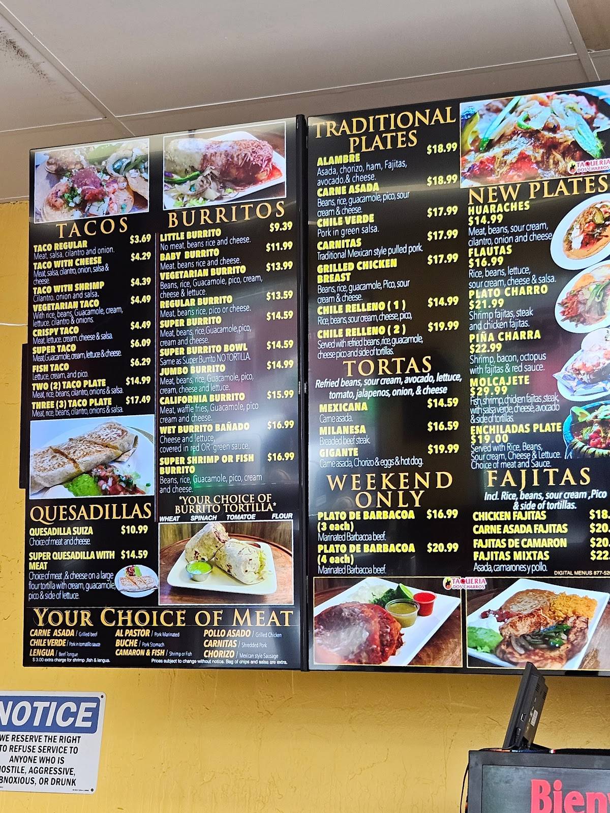 Carta del restaurante Taqueria Dos Charros, Daly City, Sullivan Ave