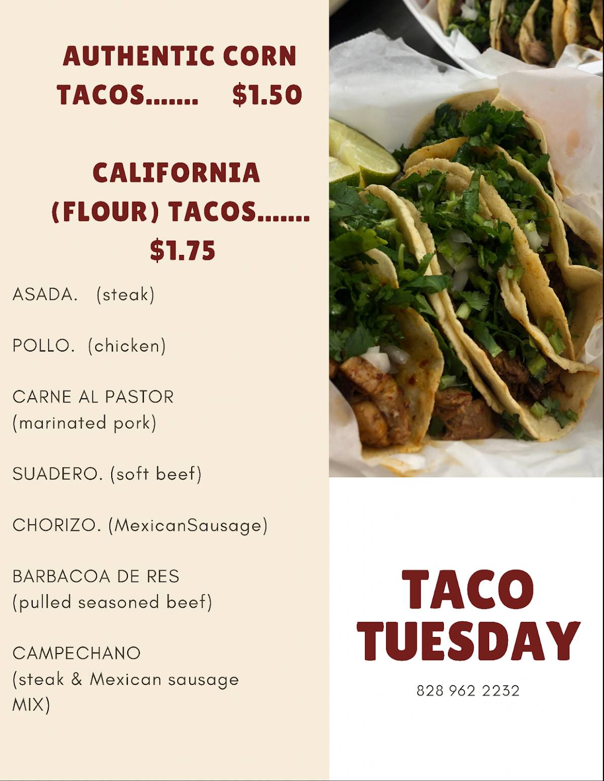 Menu at Taqueria El Mana restaurant, Valdese