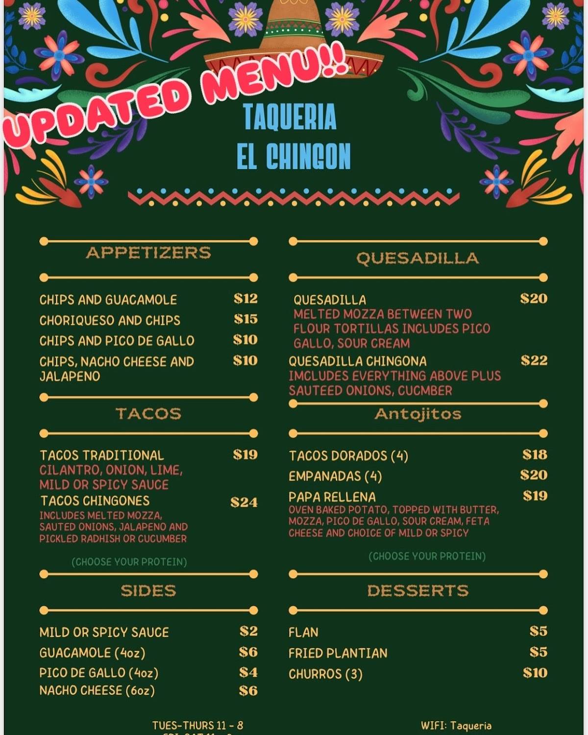 Menu au Taqueria el Chingon restaurant, Edmonton