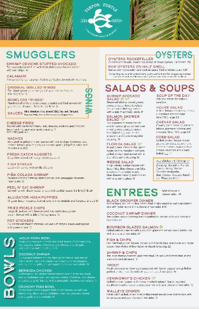 Menu at Tarpon Turtle Waterfront Grill restaurant, Tarpon Springs