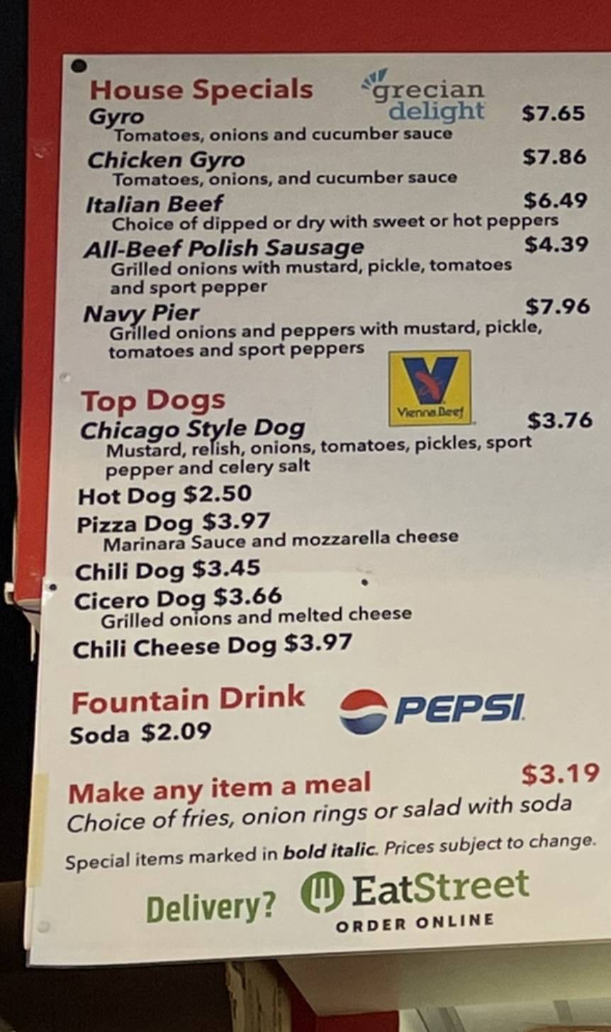 Menu at Taste Of The Windy City restaurant, Appleton