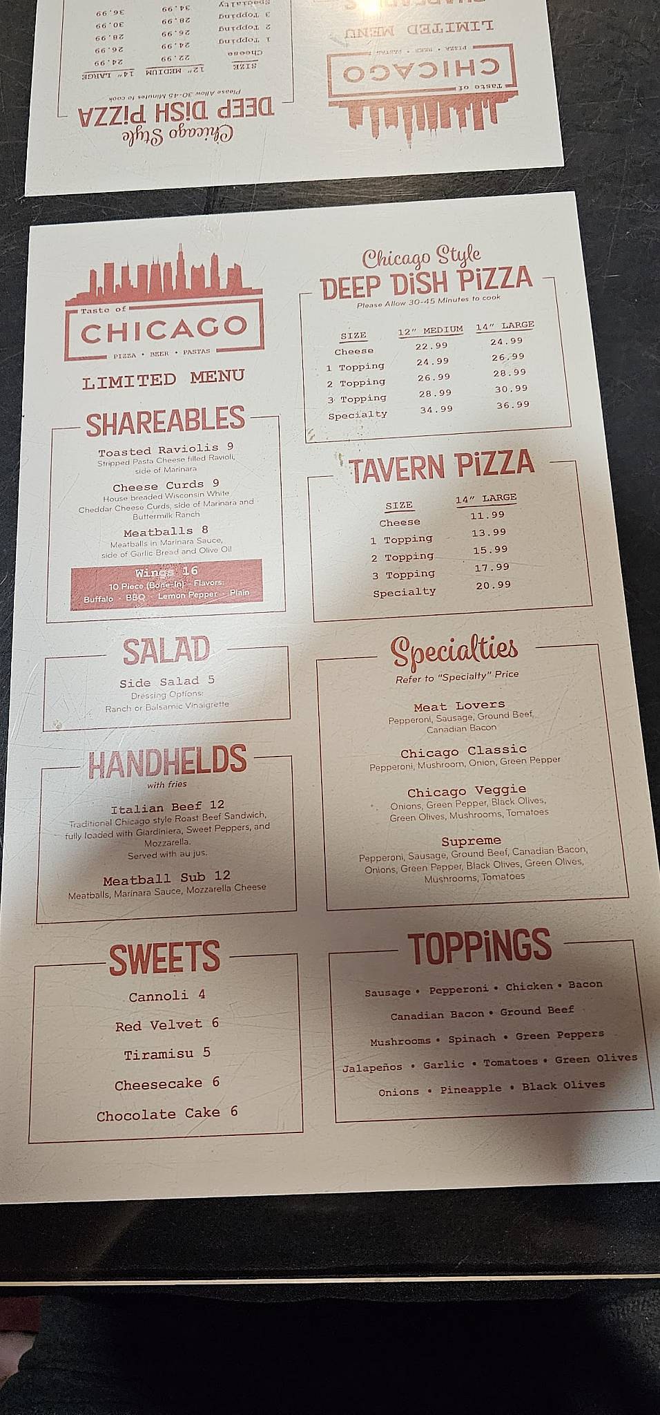 Menu at Taste of Chicago Pizza pizzeria, Addison, Midway Rd