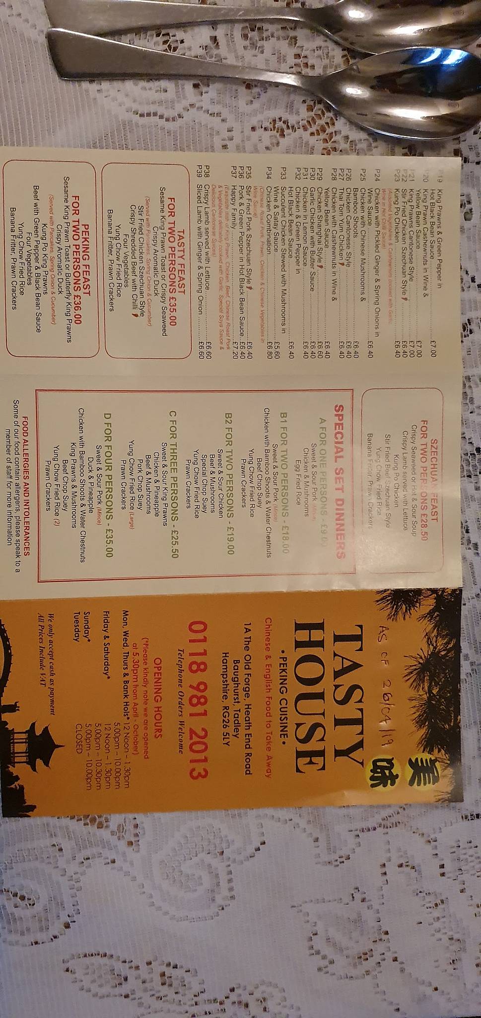 Menu at Tasty House fast food, Tadley, 1A Old Forge