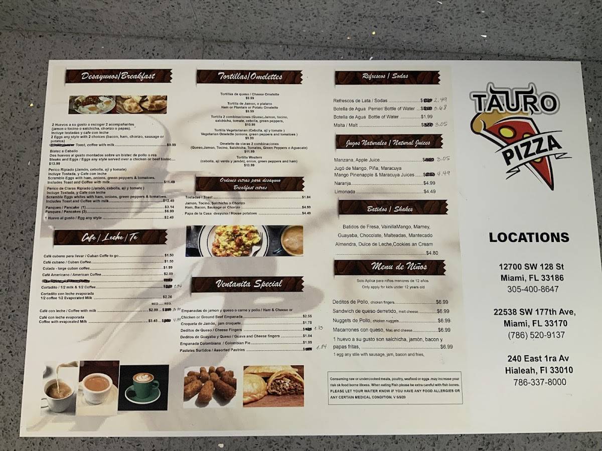 Menu at Tauro Pizza restaurant, Three Lakes