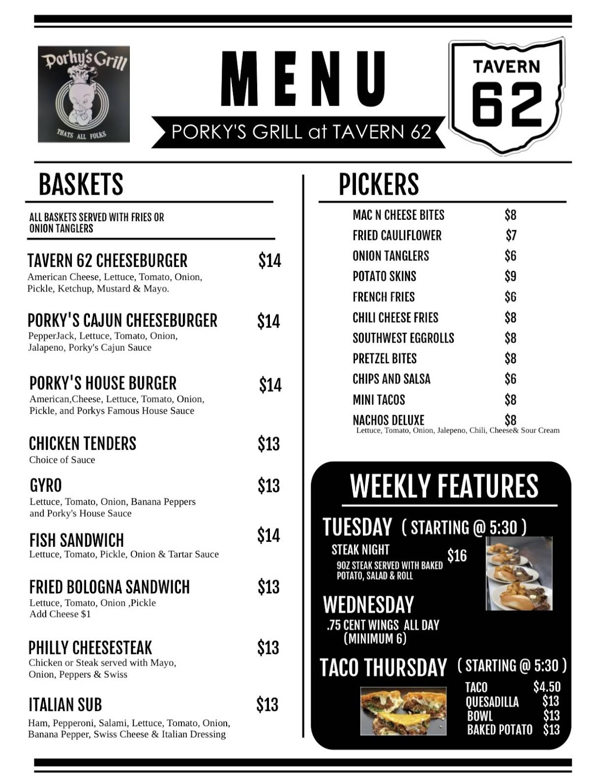 Menu at Tavern 62 pub & bar, Orient