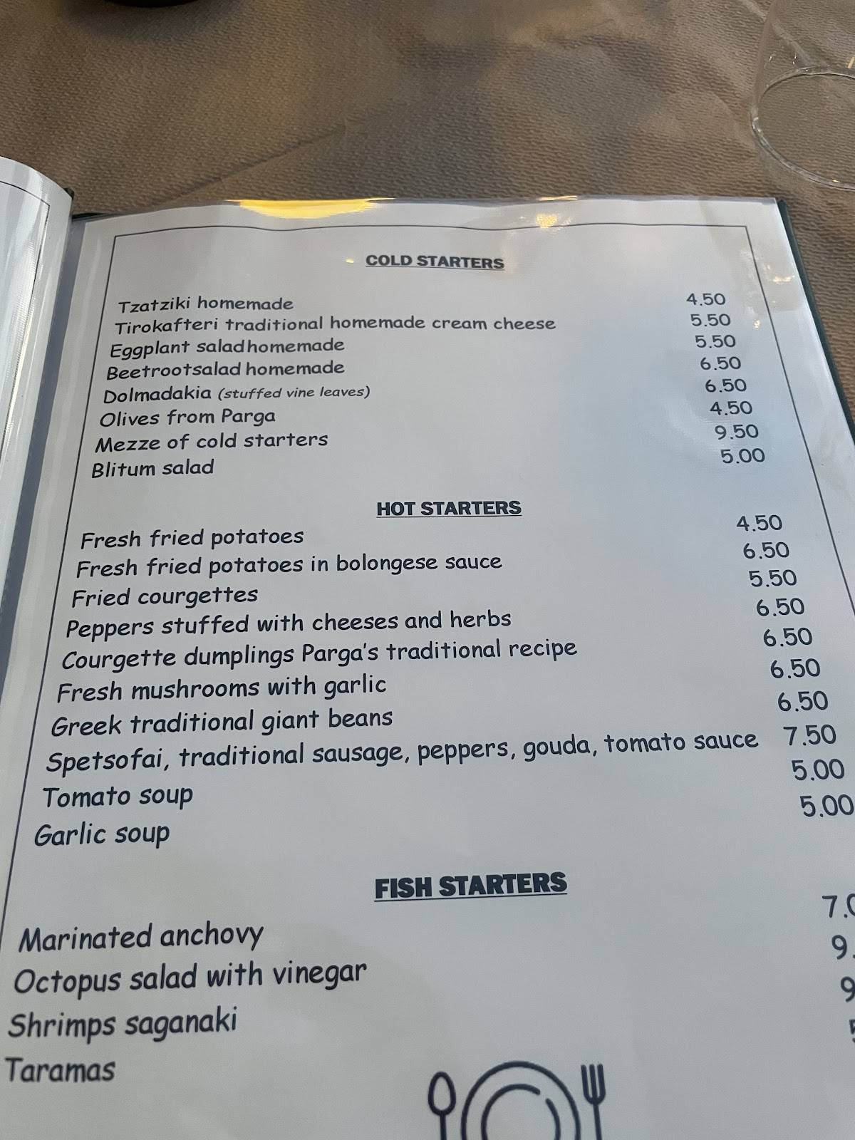 Menu at Taverna Andreas, Parga