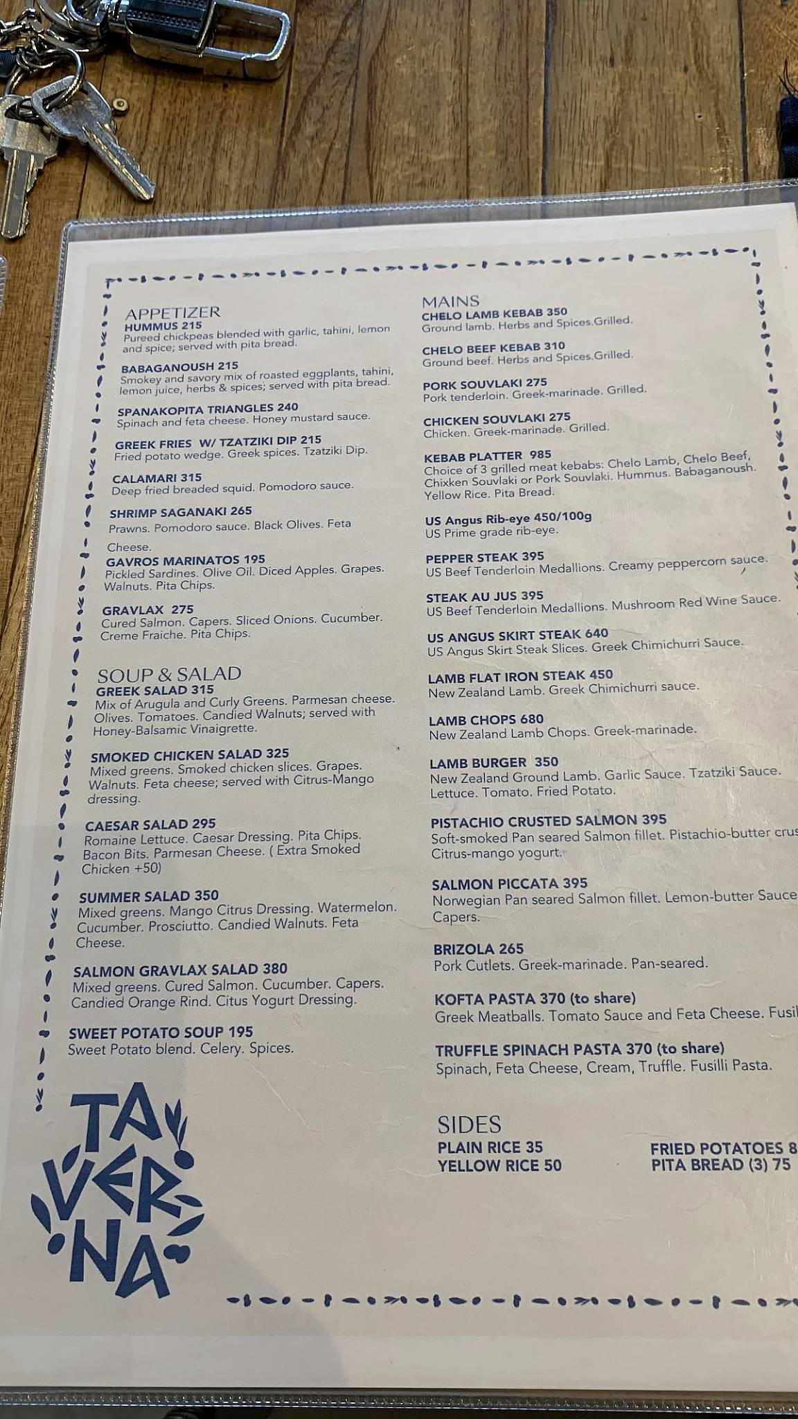 Menu at Taverna Bacolod restaurant, Bacolod