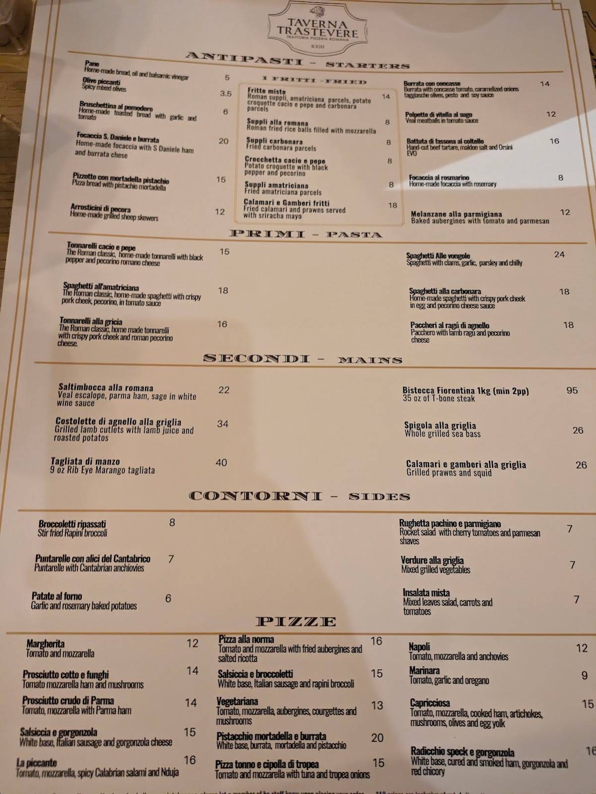 Menu at Taverna Trastevere restaurant, London