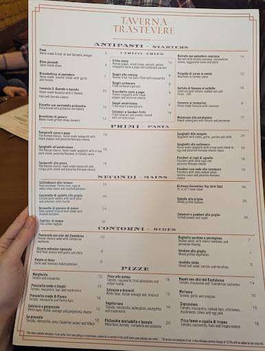 Menu at Taverna Trastevere restaurant, London