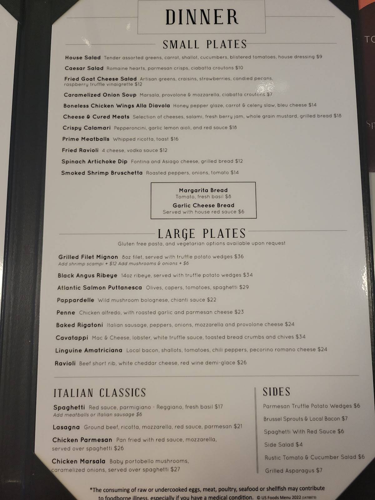 Menu at Tavolo Modern Italian restaurant, Sidney