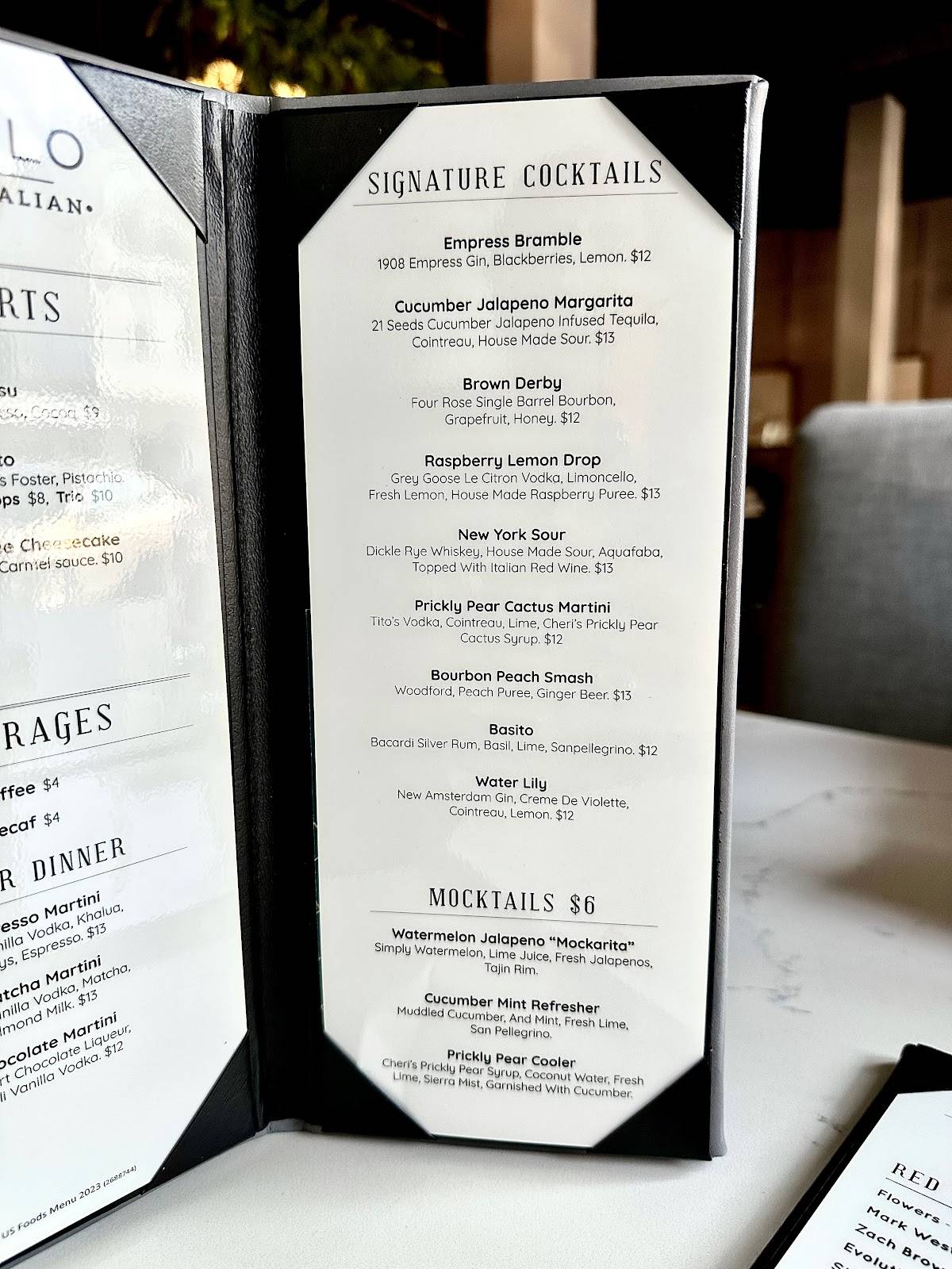 Menu at Tavolo Modern Italian restaurant, Sidney