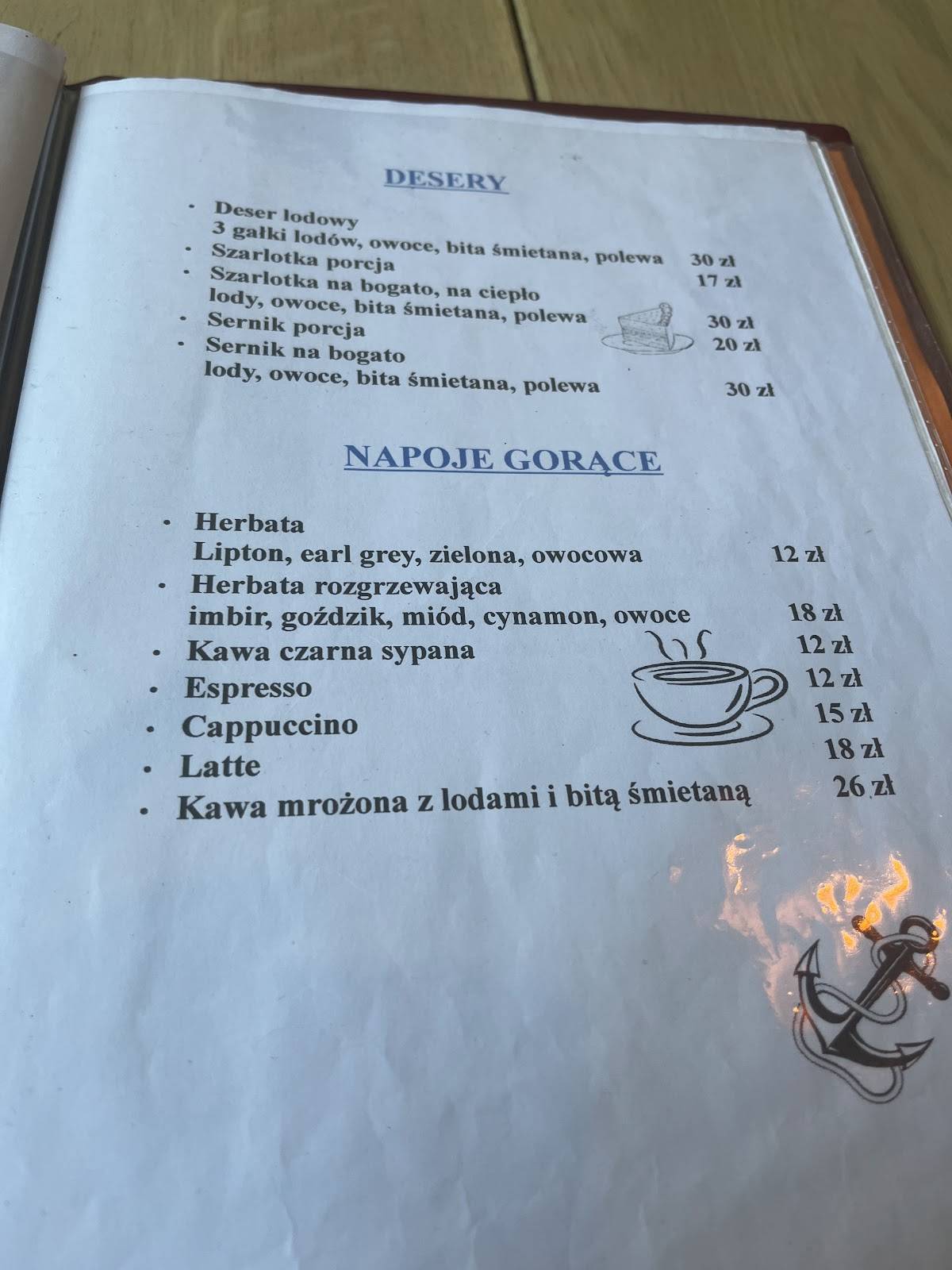 Menu at Tawerna Delfin restaurant, Gdańsk