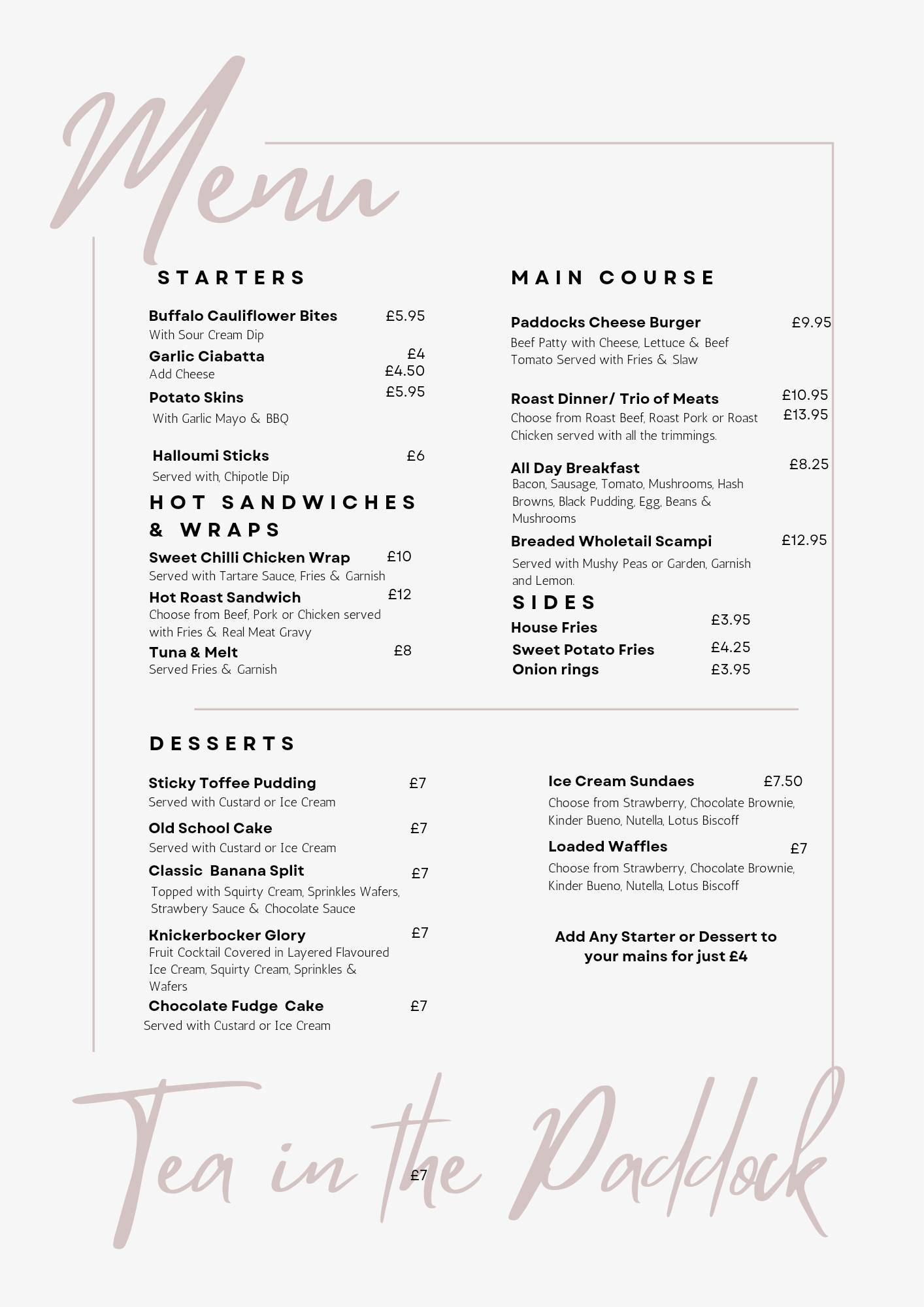 Menu at Tea in the Paddock cafe, Choppington