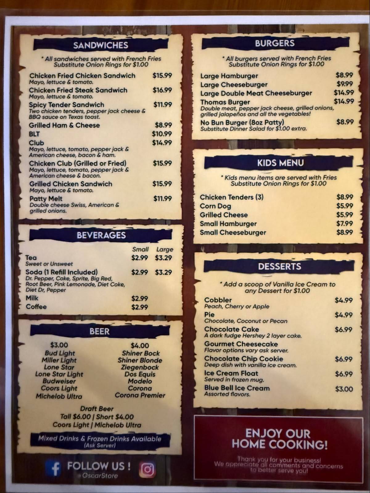 Menu at Oscar Store steakhouse, Temple, Oscar Spur