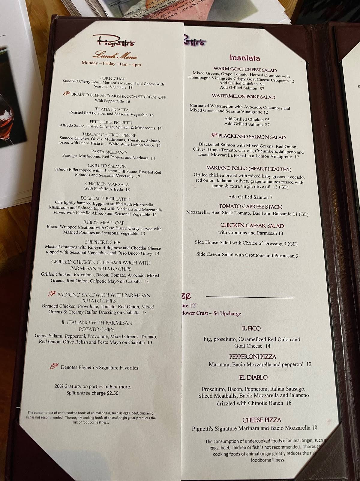 Menu at Pignetti's restaurant, Temple