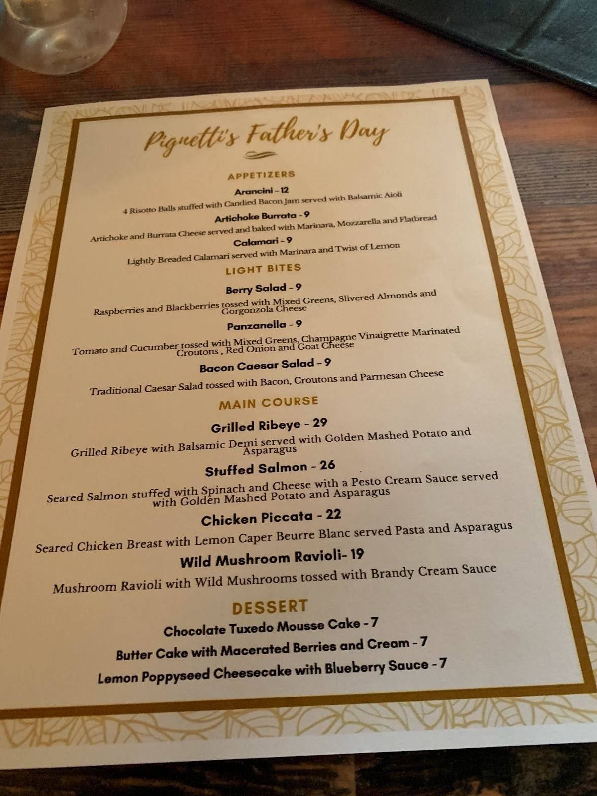 Menu at Pignetti's restaurant, Temple