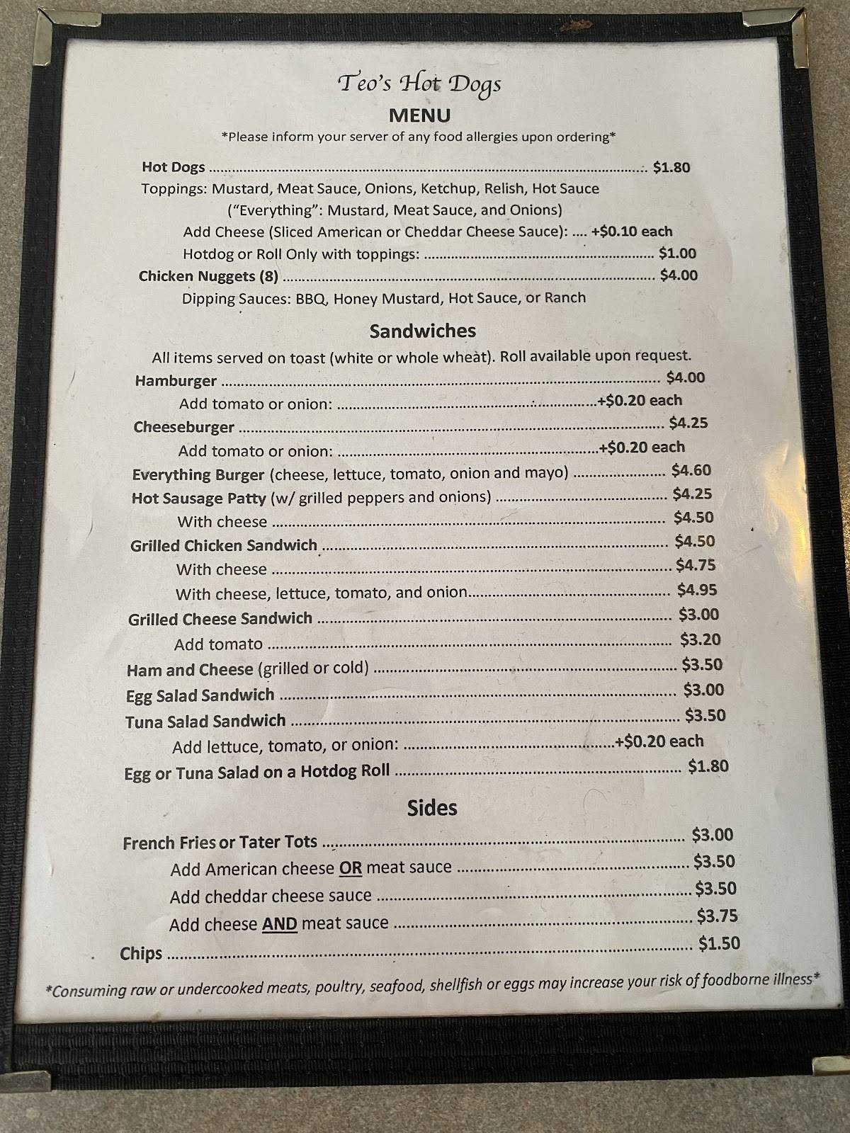 Menu at Teo's pub & bar, Pittsfield