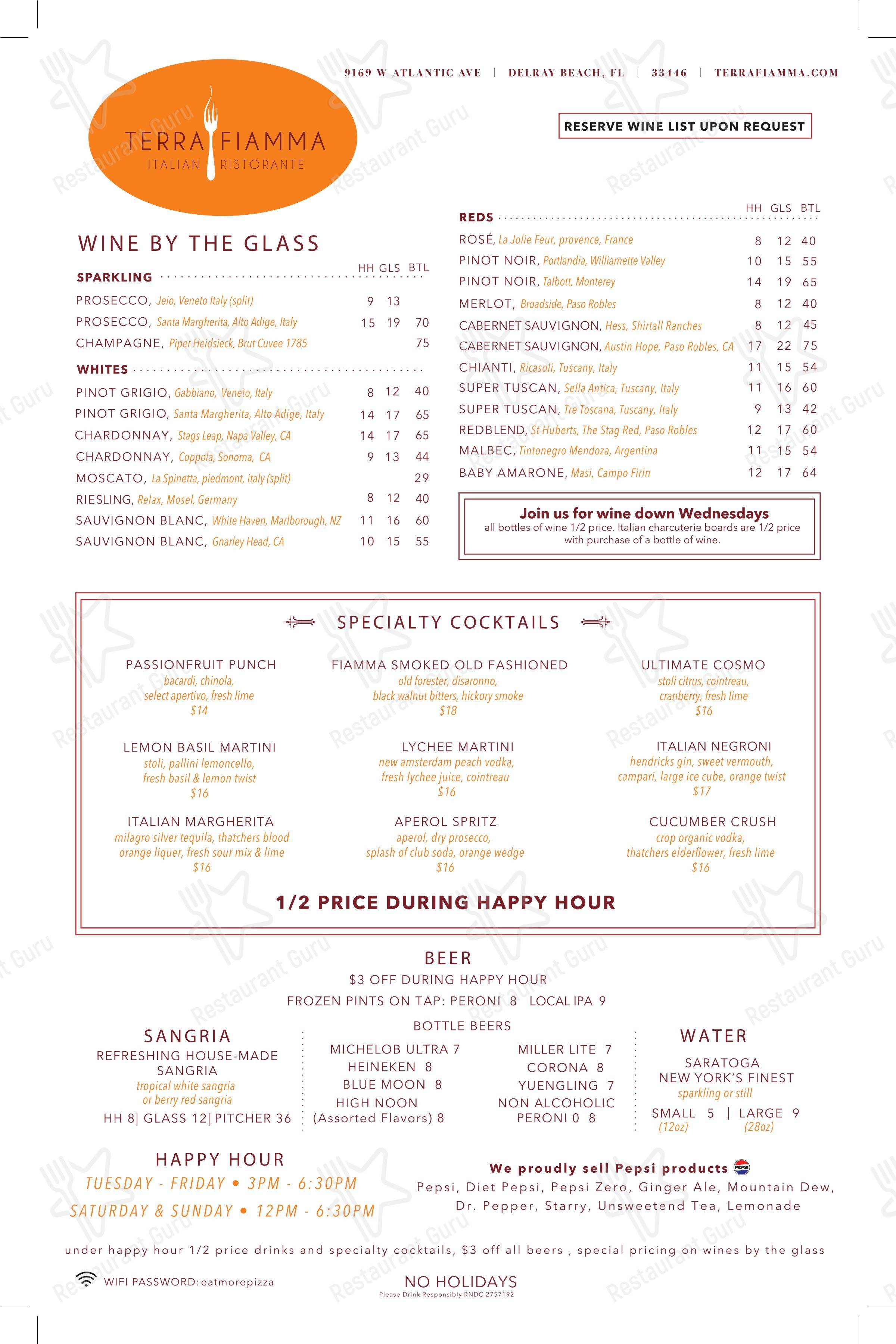 Menu at Terra Fiamma pub & bar, Boca Raton