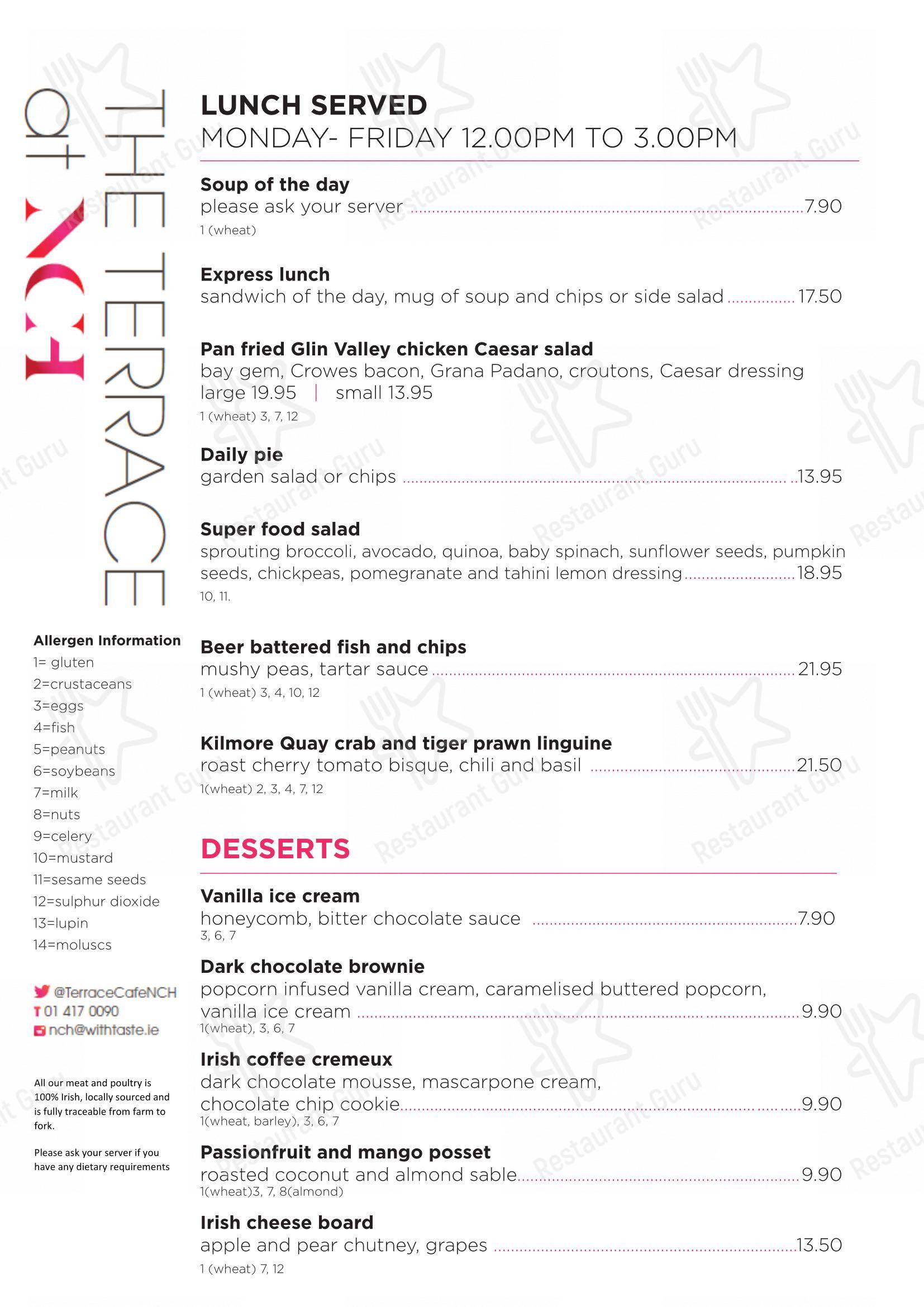 Menu at Terrace Cafe, Dublin, National Concert Hall