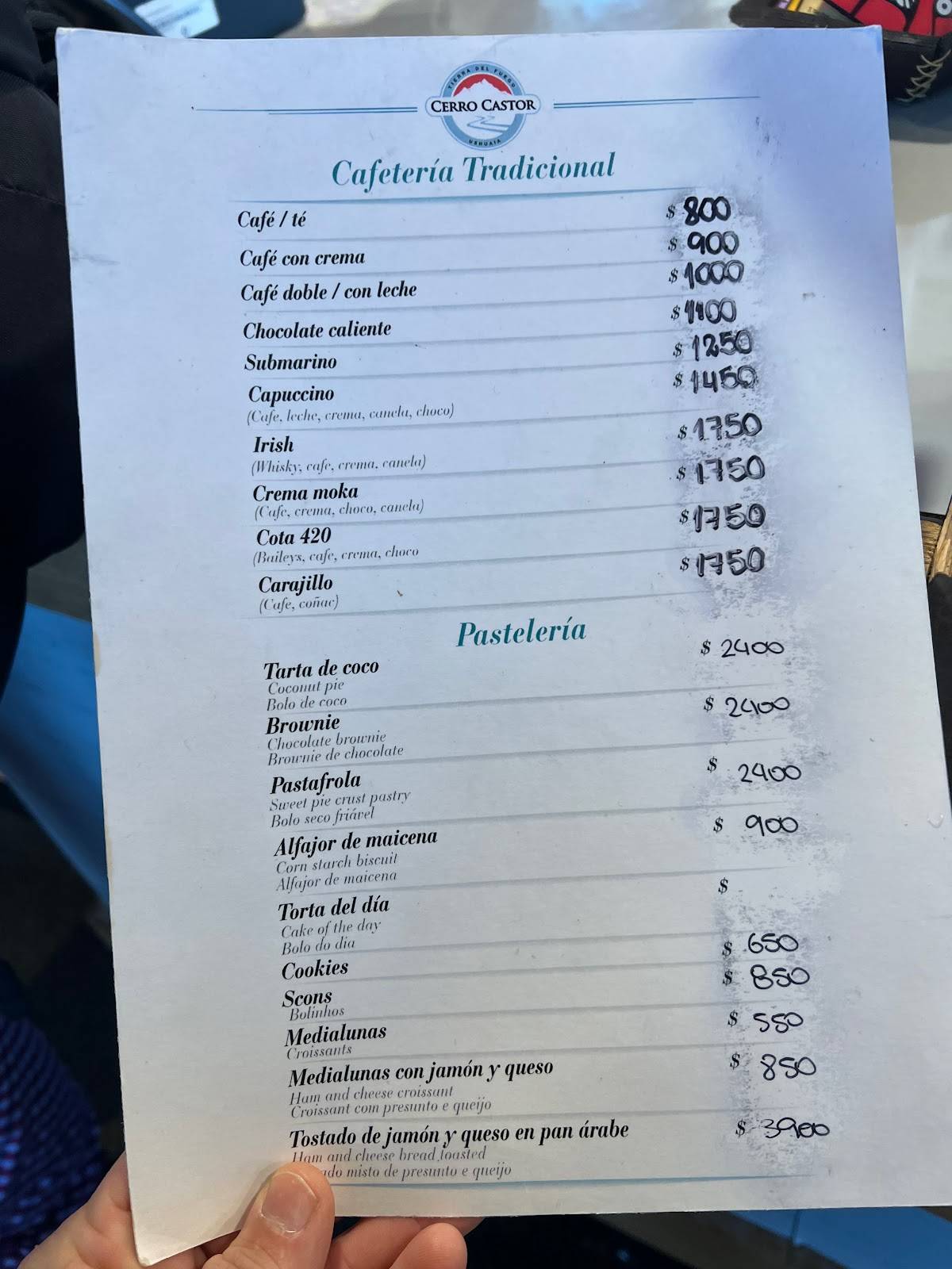 Menu at Terrazas del Castor restaurant, Argentina, Ruta Nacional 3