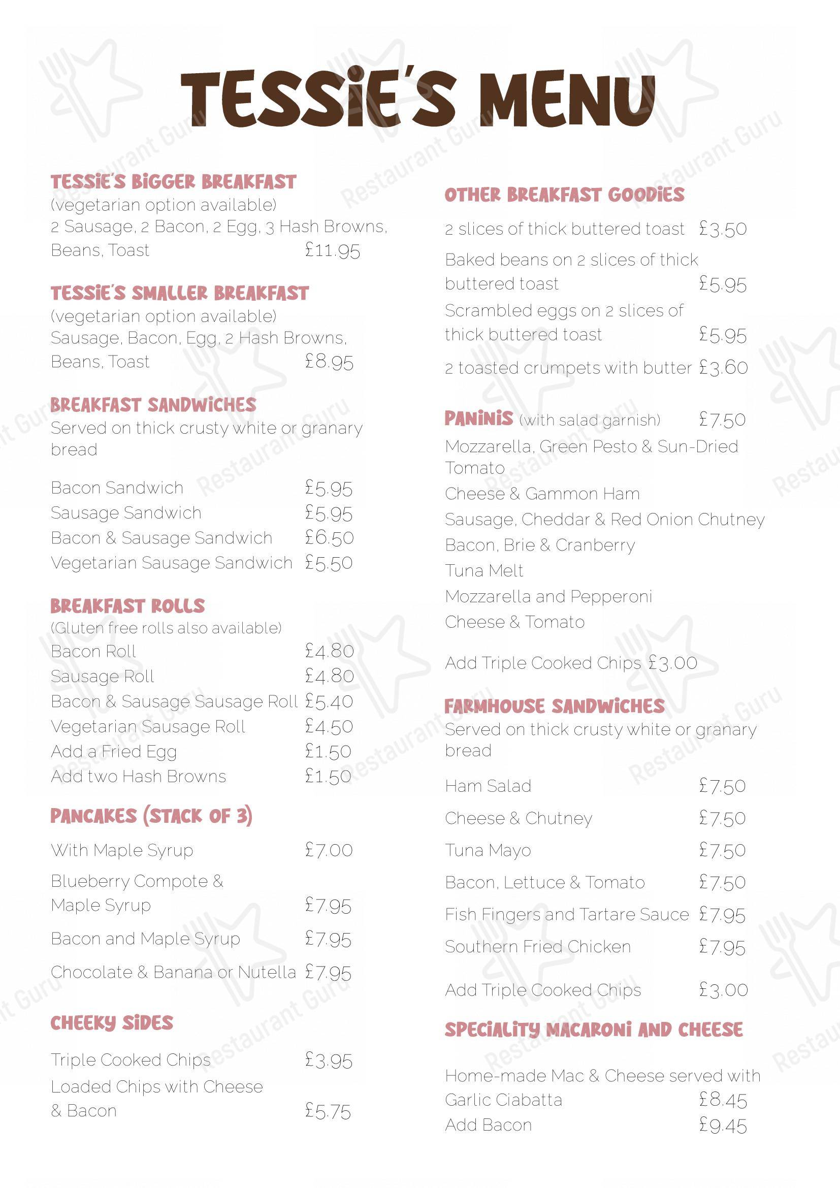 Menu at Tess' Brilliant Bakes cafe, Banbury